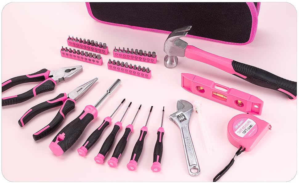63 Piece Pink Tool Set,Tool Kit with Bag for, Home,, Office and College ...