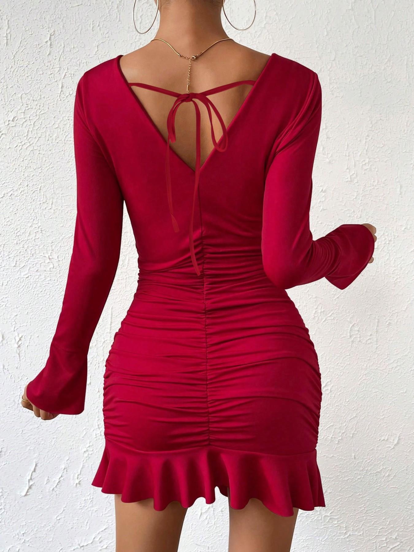 Waist-Cinching Long Sleeve Dress, V-Neck Design, Bodycon Skirt ...