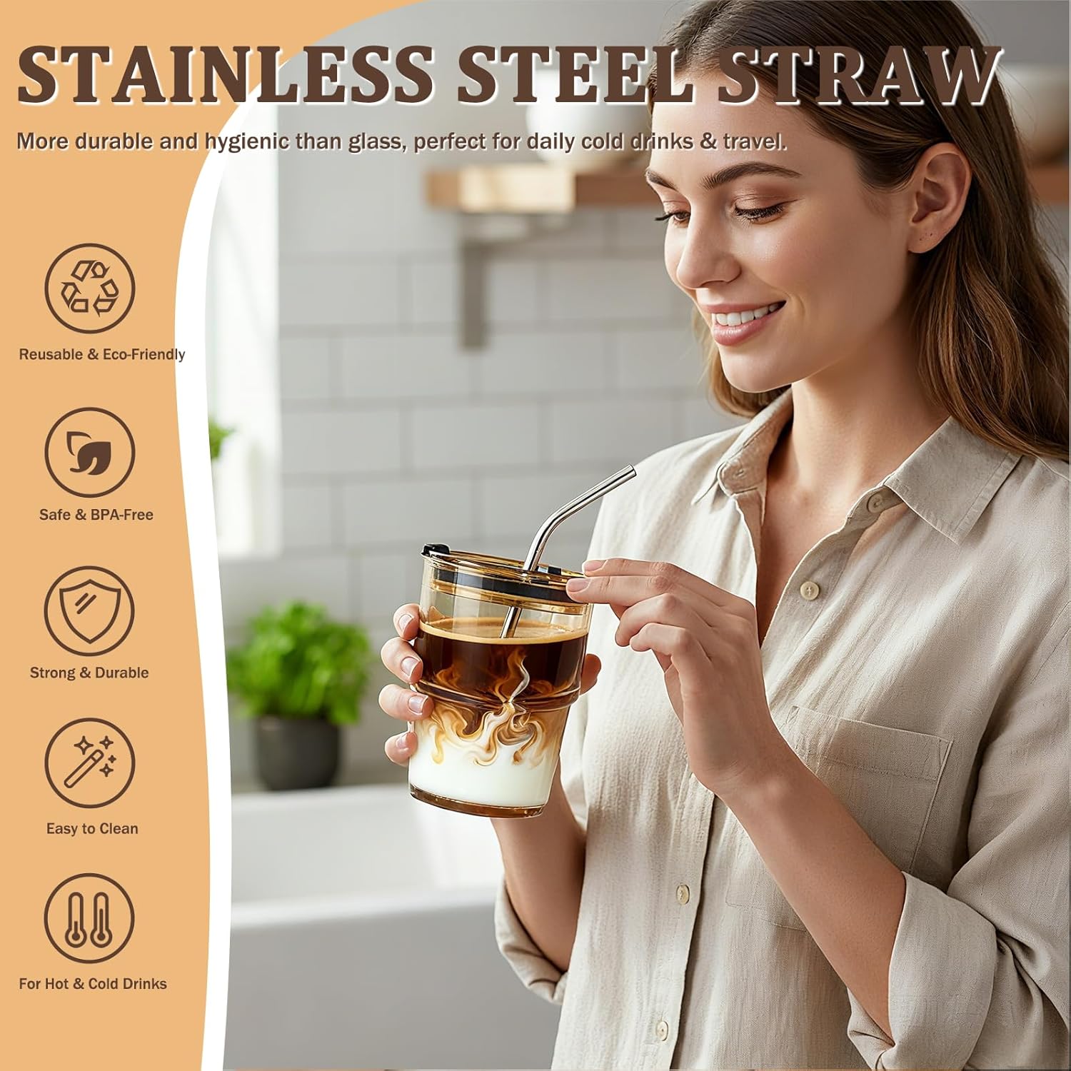 2 Packs Glass Tumbler with Lid and Straw 13 oz Cute Ice Coffee Cup Set ...