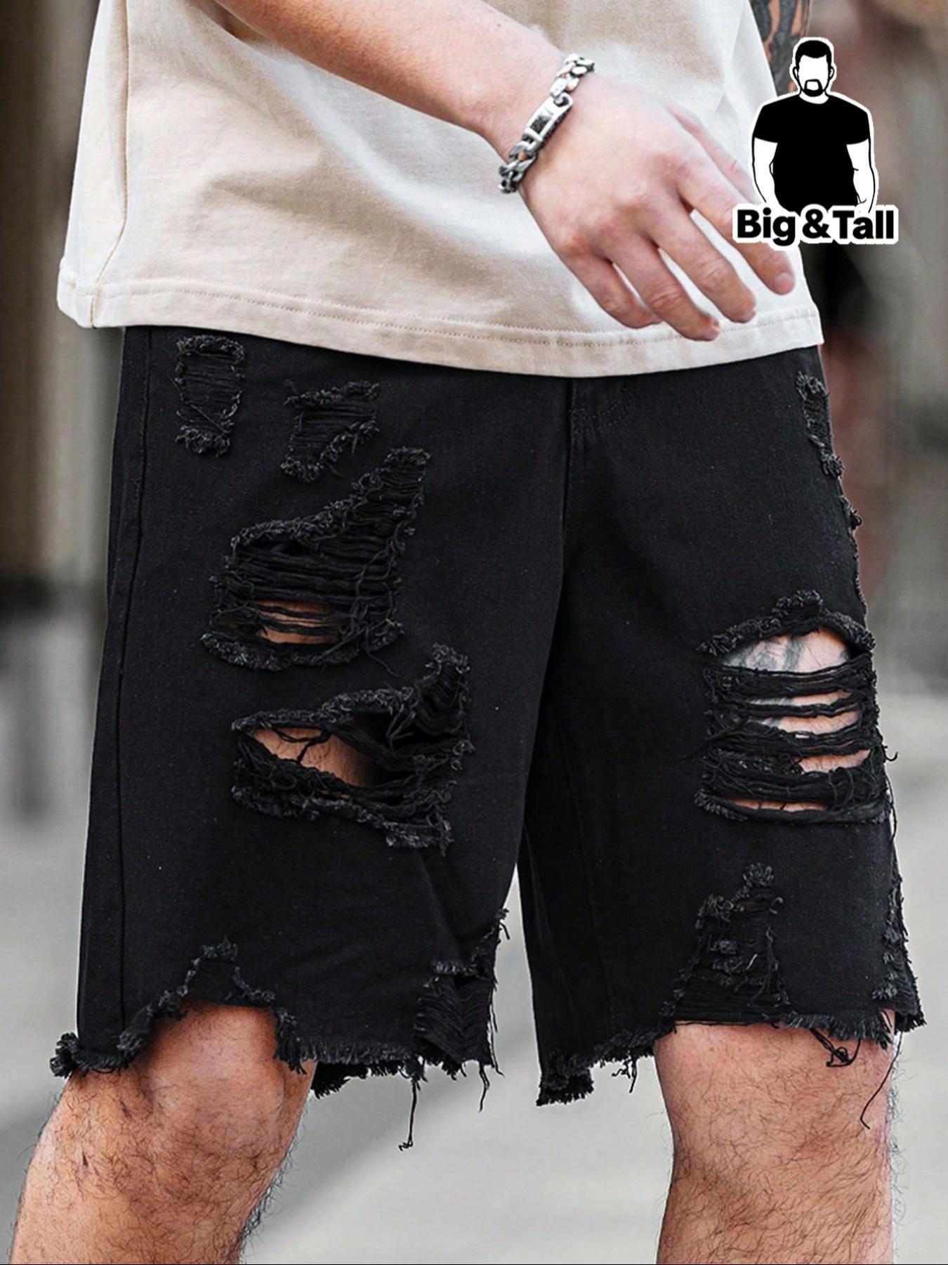 Men's Ripped Wide Leg Jeans Shorts, Loose Relaxed Fit Casual Streetwear ...