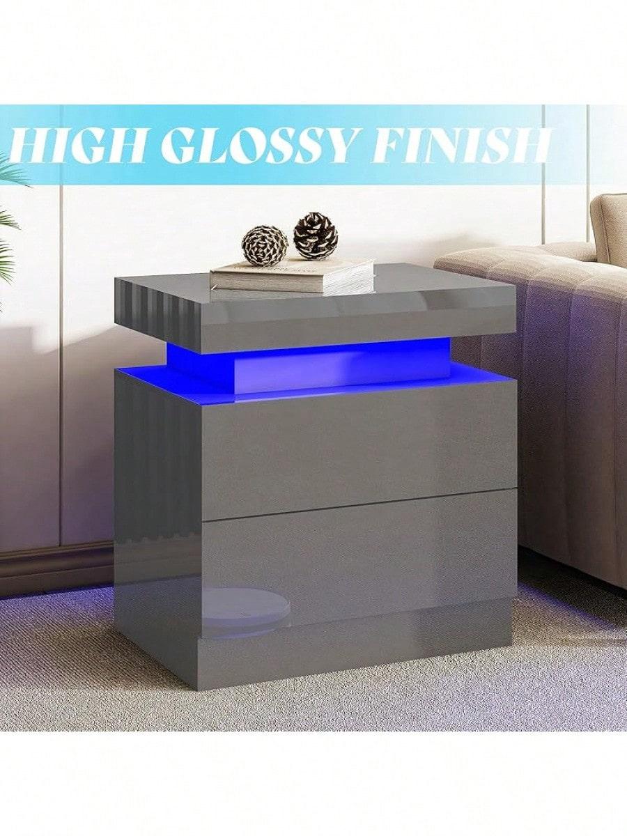 High Gloss LED Nightstands Set of 2 with USB Type-C Charging Station ...