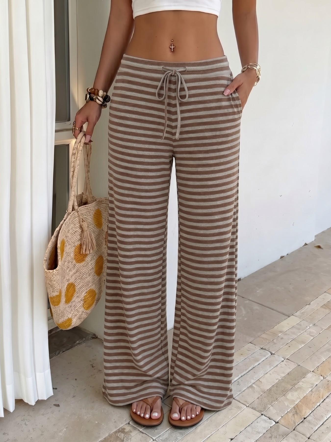 Boho Striped Print Knit Drawstring, Adjustable High Waist Wide Leg ...