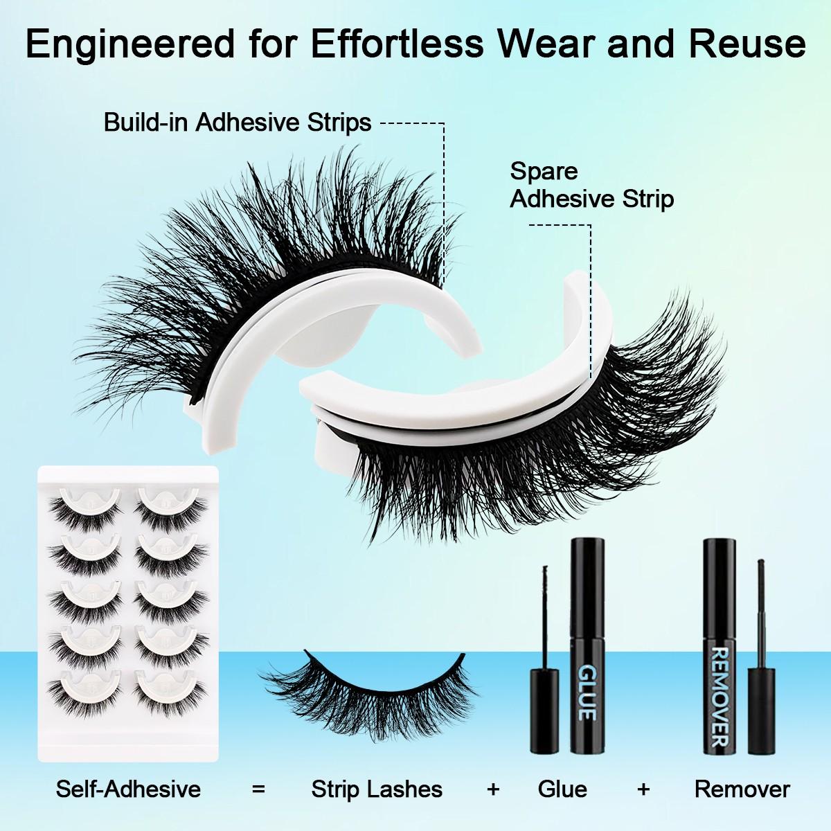 5 Pairs D Curl Cat Eye False Eyelashes No Glue Needed Reusable with ...