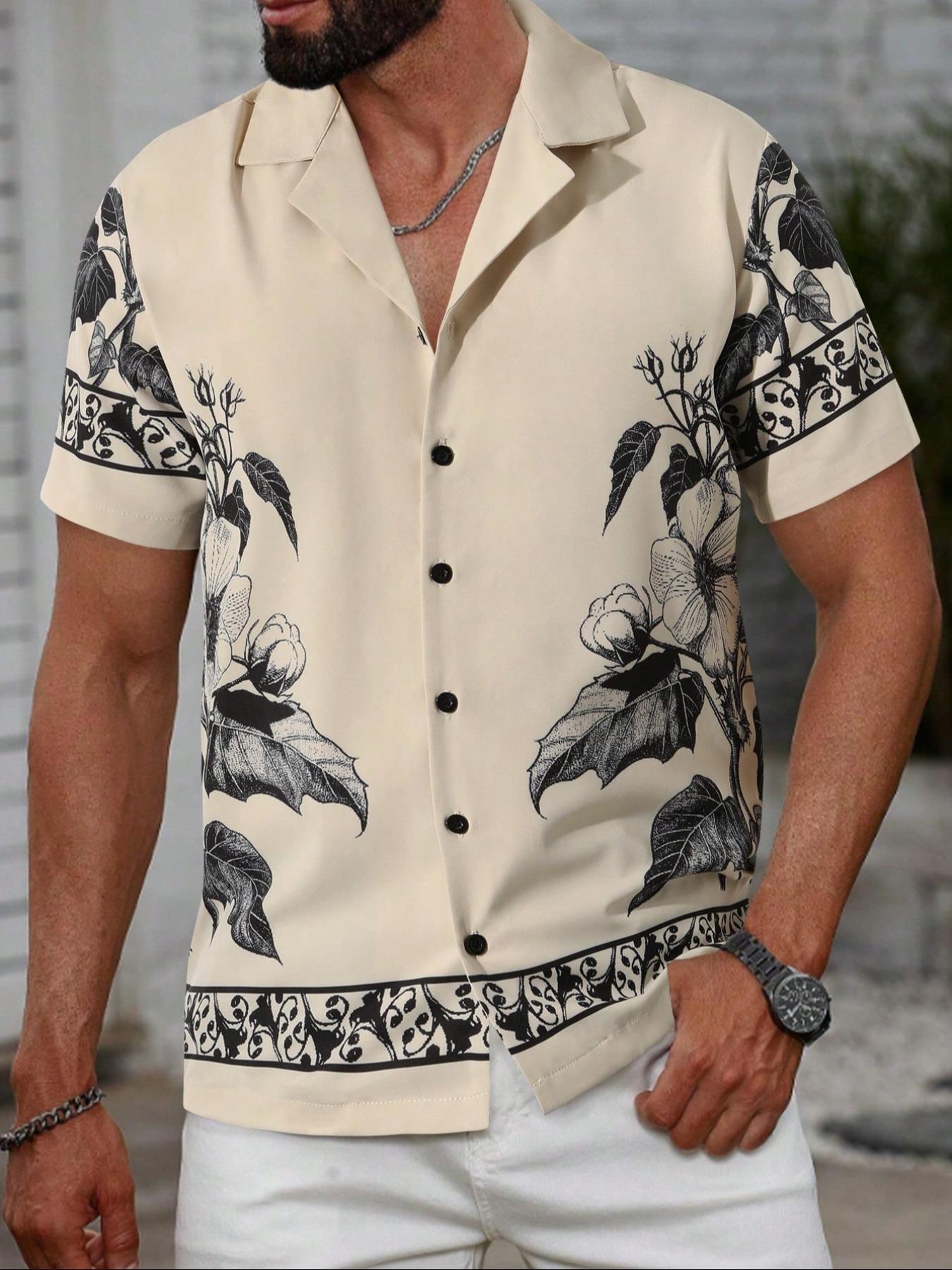 Men's Regular Fit Floral Print Short Sleeve Shirt, Casual Button Down ...