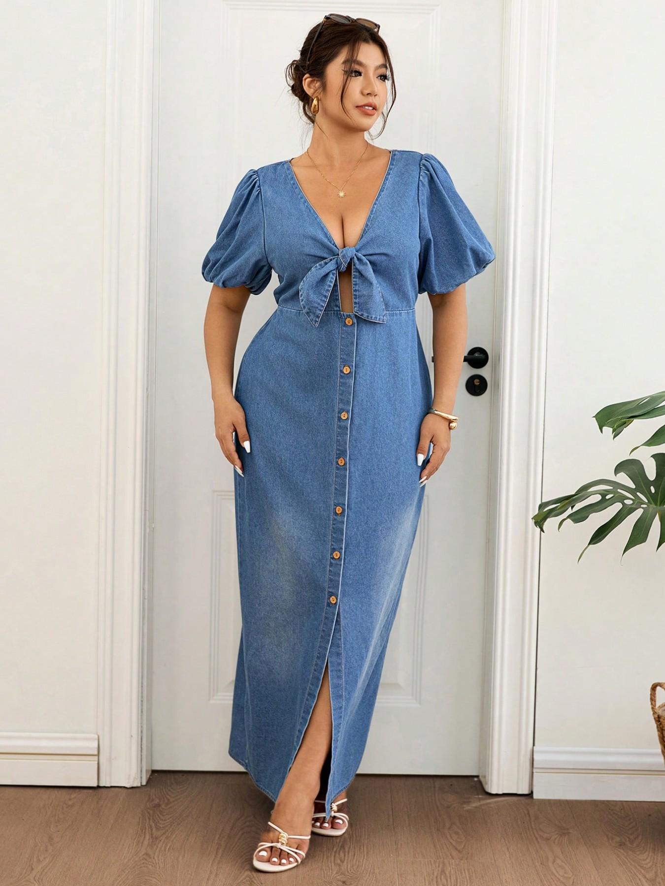Plus Size Light Wash Denim Long Skirt, Women's Bubble Sleeve Front Tie ...