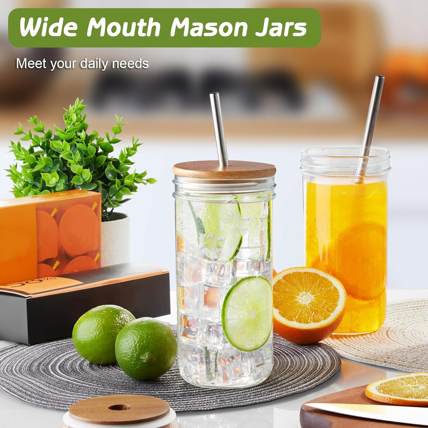 Glass Cups Set - 24oz Mason Jar Drinking Glasses with Acacia & Straws ...