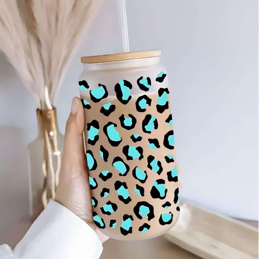Leopard Print Design 16oz Covered Straw Glass Drinking Cup, Reusable ...