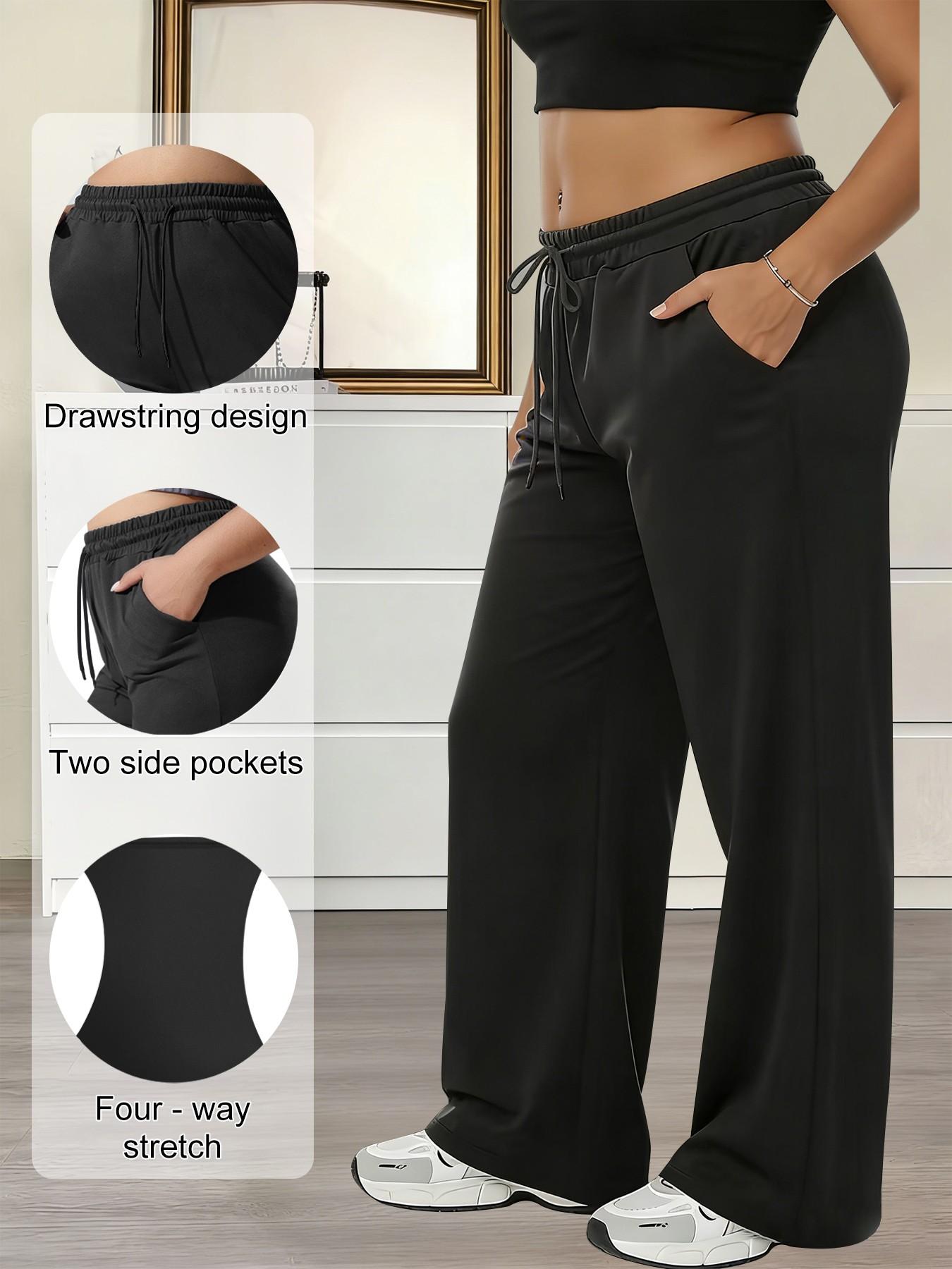 Women's Plus Size Wide Leg Sport Pants, Soft Elastic Fabric, Pockets ...