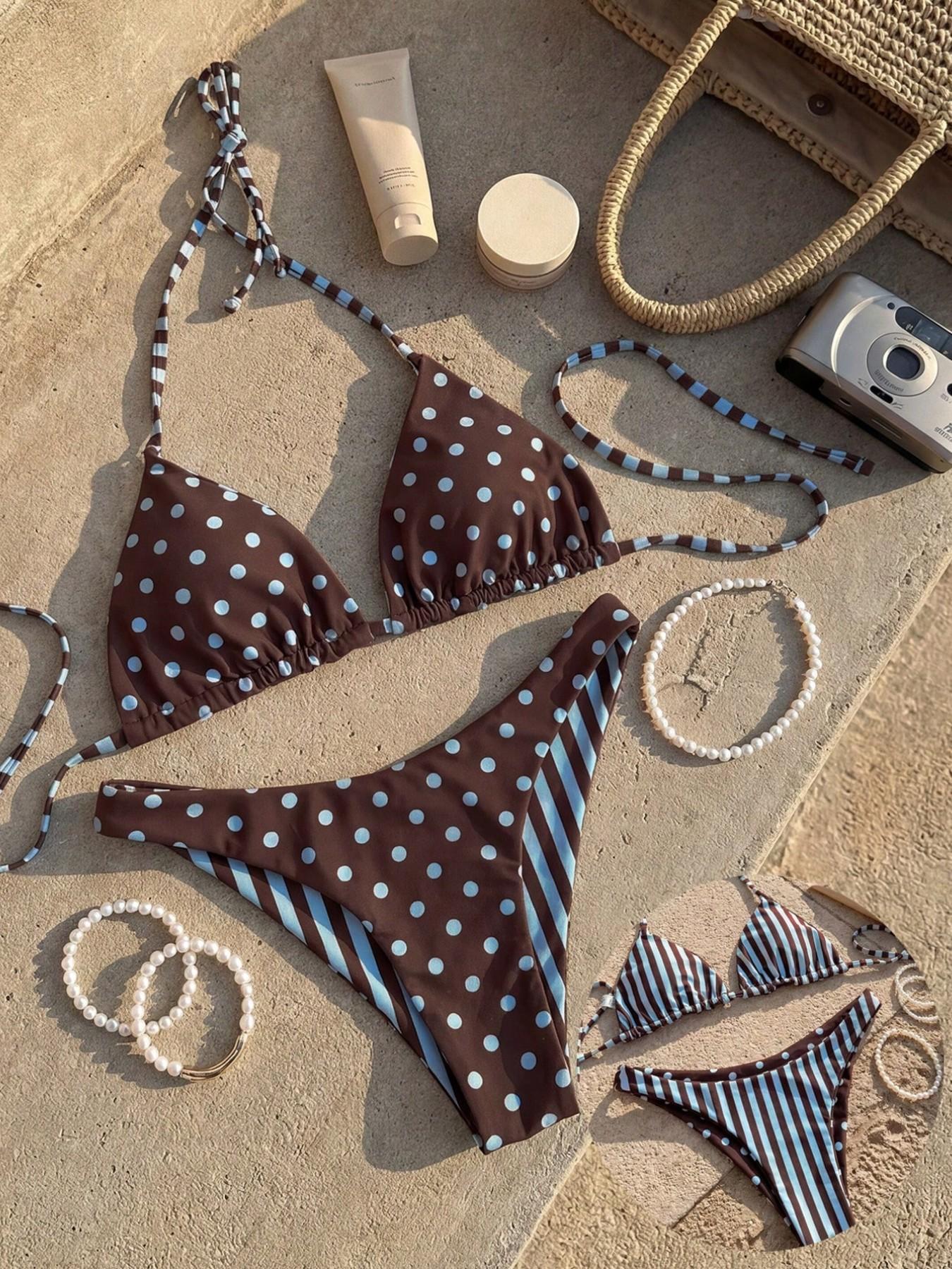 New Split Bikini, American Retro Wave Dot Stripe Patchwork Bikini, Dual ...