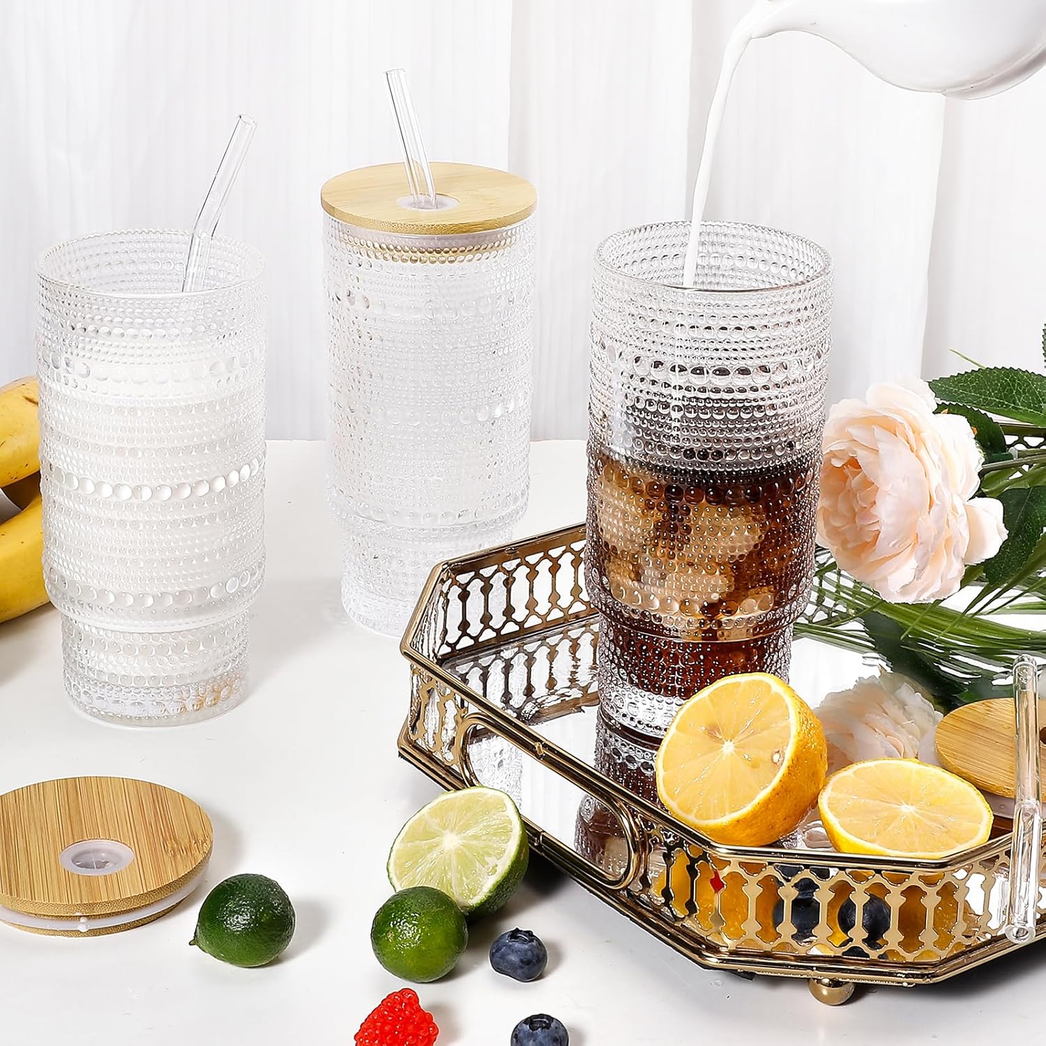 16 Oz Glass Cups with and Straws, Embossed Glassware for , Iced Coffee ...