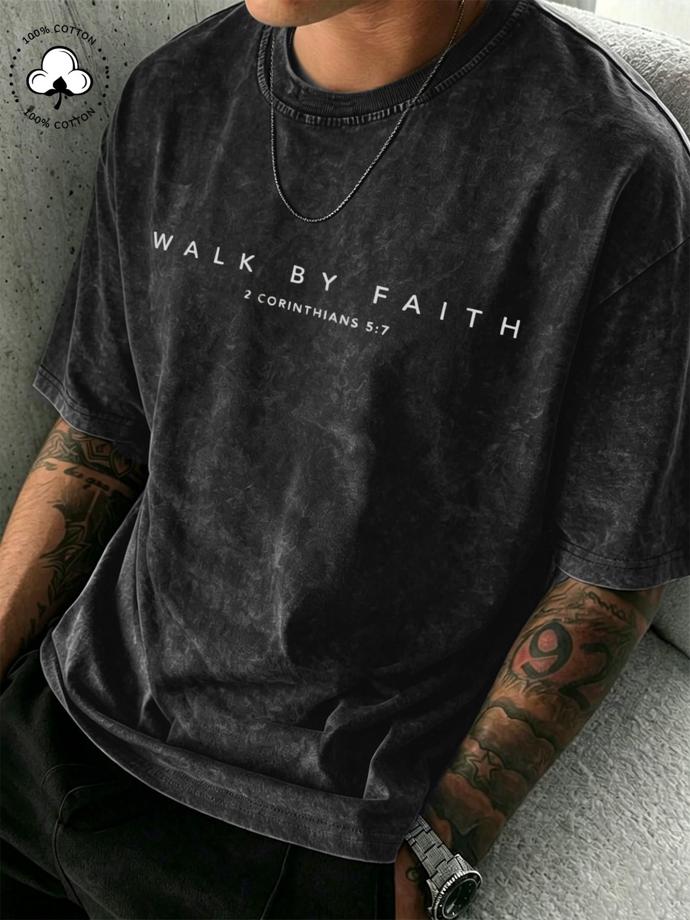 Men's Vintage Washed Black Crew Neck Short T-Shirt, Walk By Faith Bible ...