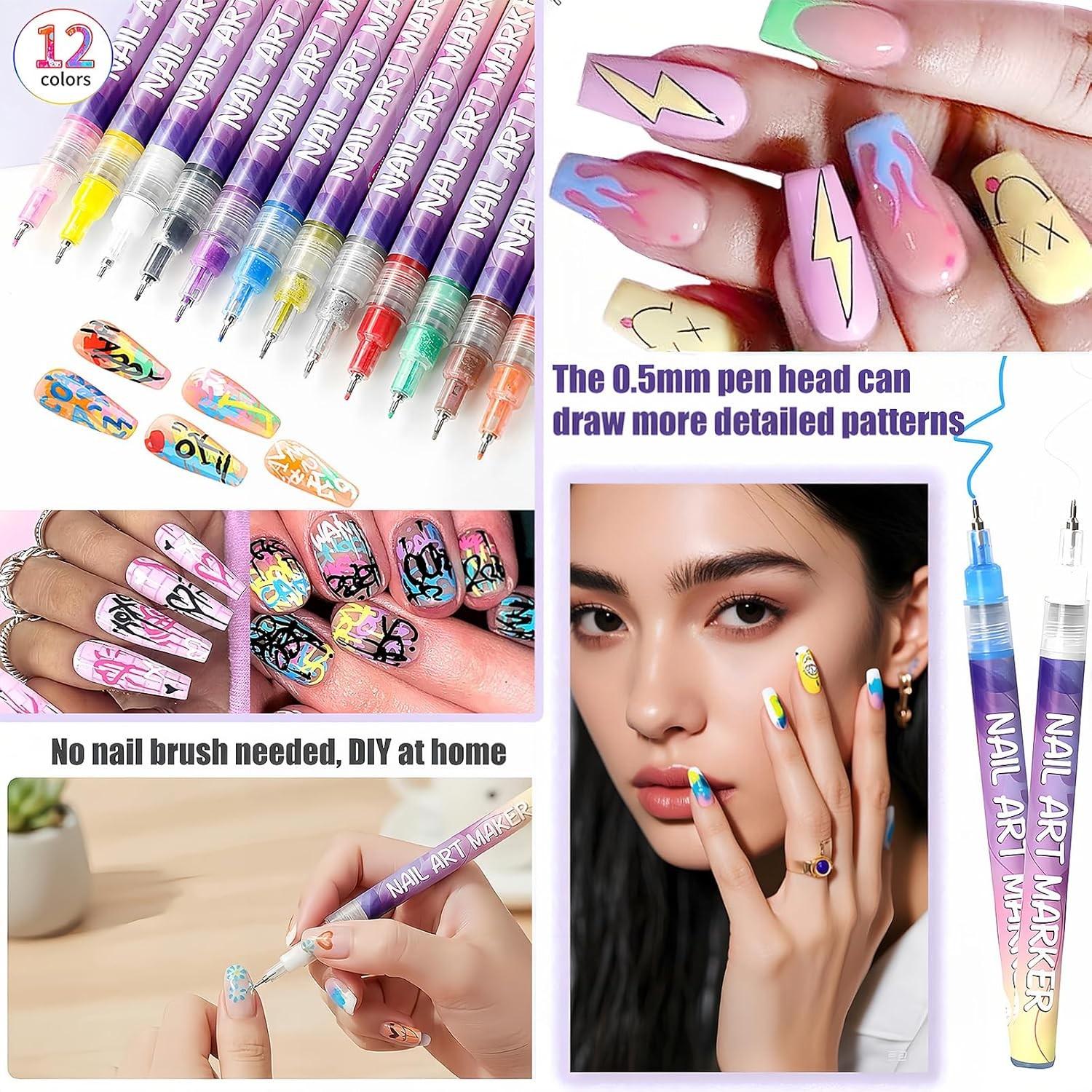 12 Colors Nail Art Marker Set, 3D Nail Art Pen, 0.5mm Nail Art Graffiti ...