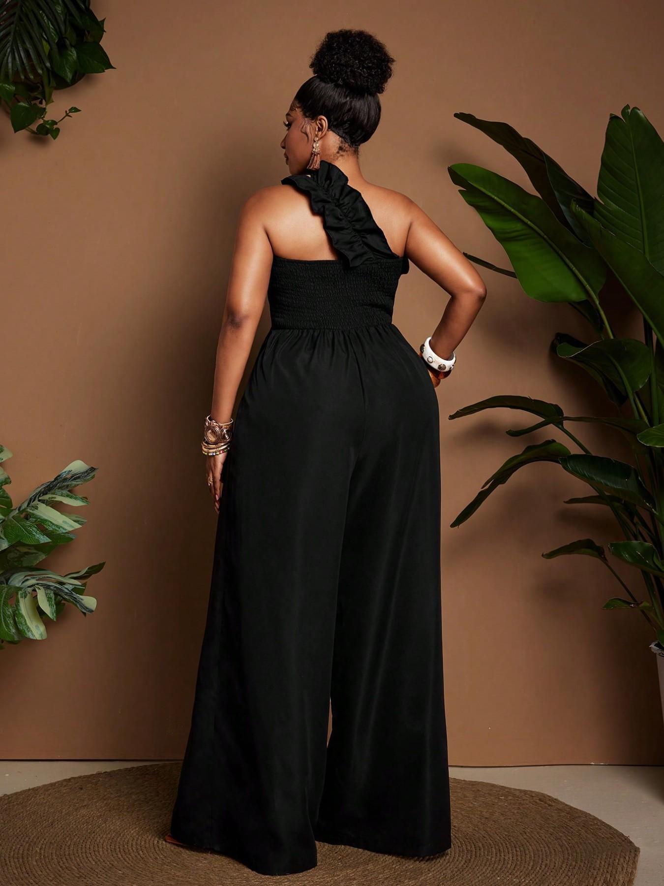 Plus Size Women's One-Shoulder Ruffle Crop Jumpsuit, High-Waisted Wide ...