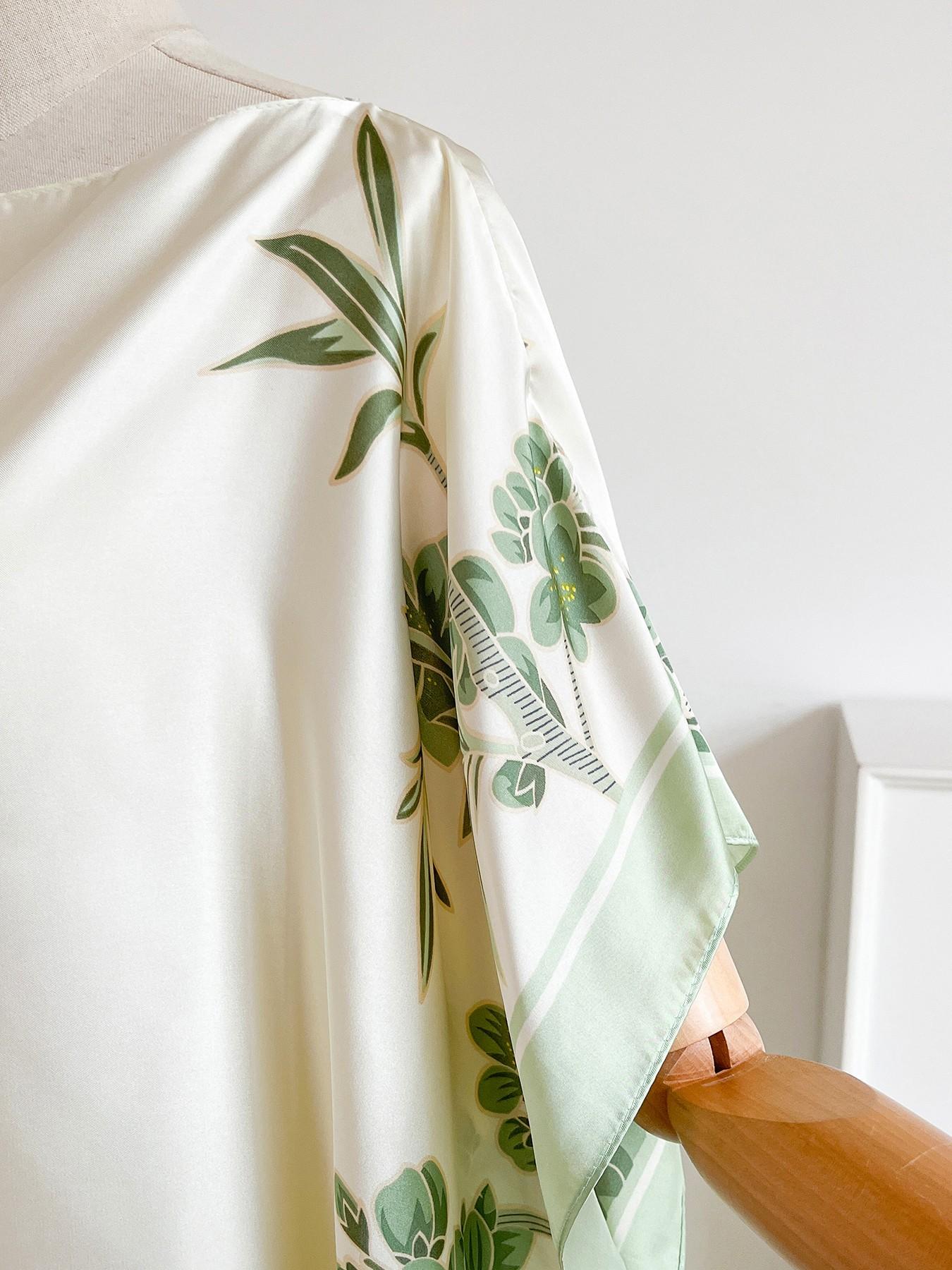Women's Elegant Chic Silk Plant Print Floral Dress Set, Long Robe Shawl ...
