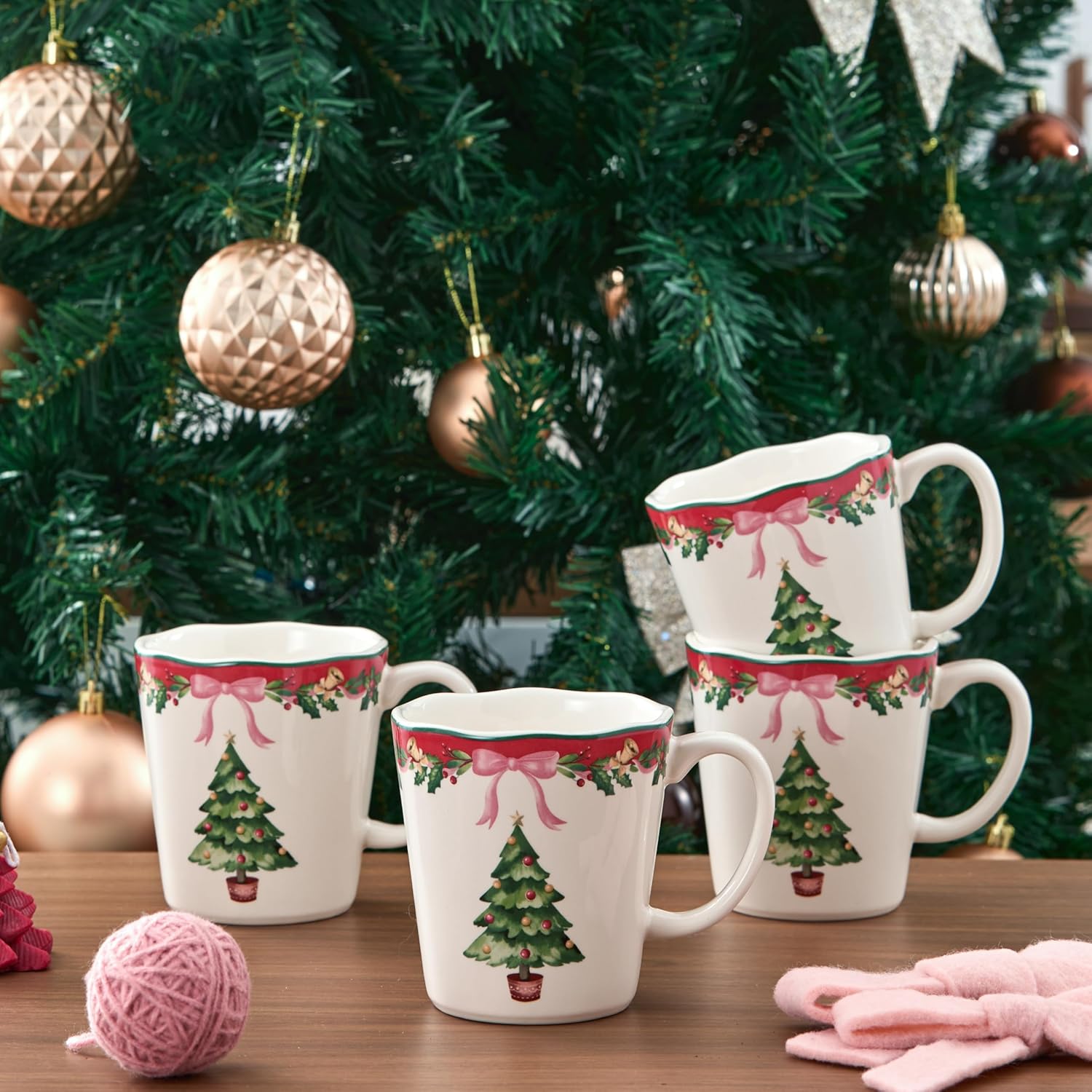 Ribbon Christmas Scalloped Ceramic Mug Set of 4, Christmas Coffee Mugs ...