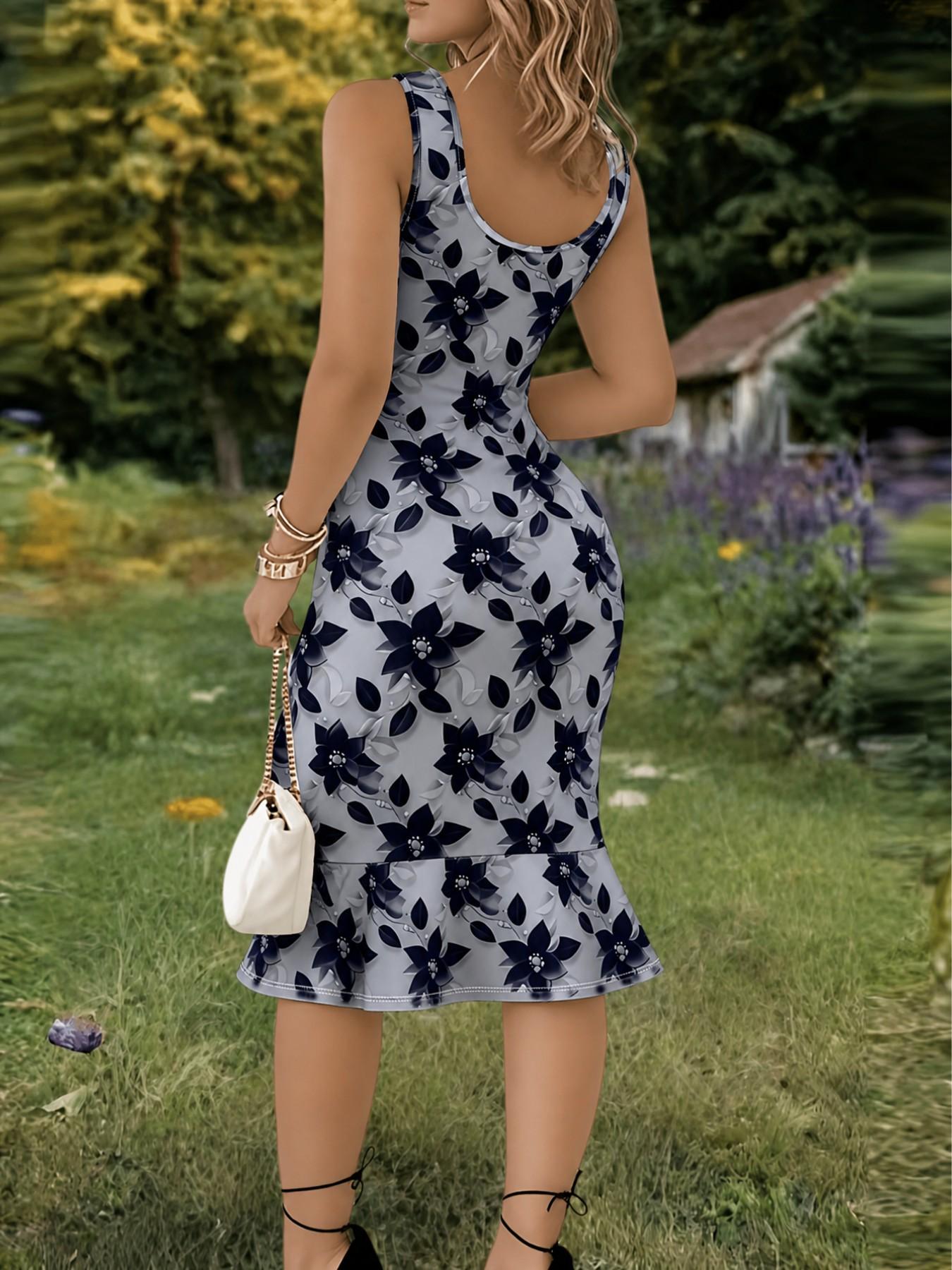 V Neck Fitted Slim Women's Dress, Elegant Waist-Cinch Printed Mermaid ...