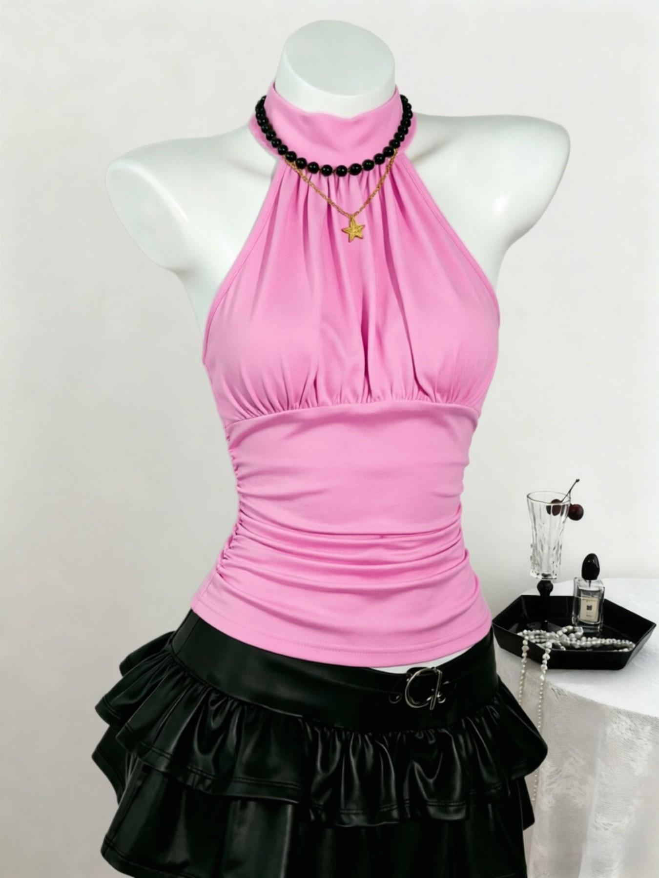 Casual Solid Color Halter Top, Ruched Chest and Waist Design ...