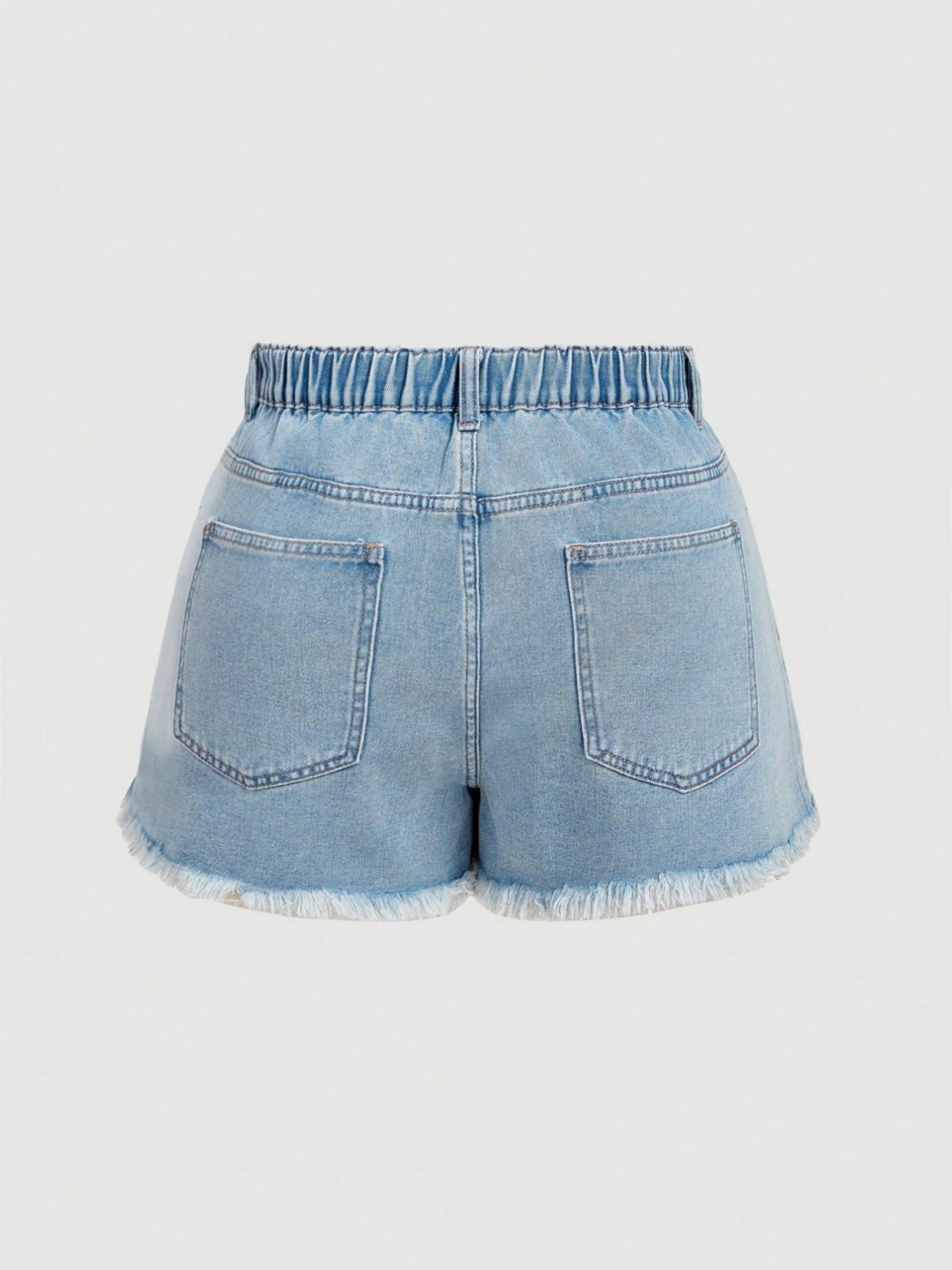 Trendy Women's High-Waisted Fitted Denim Shorts with Button Frayed Hem ...