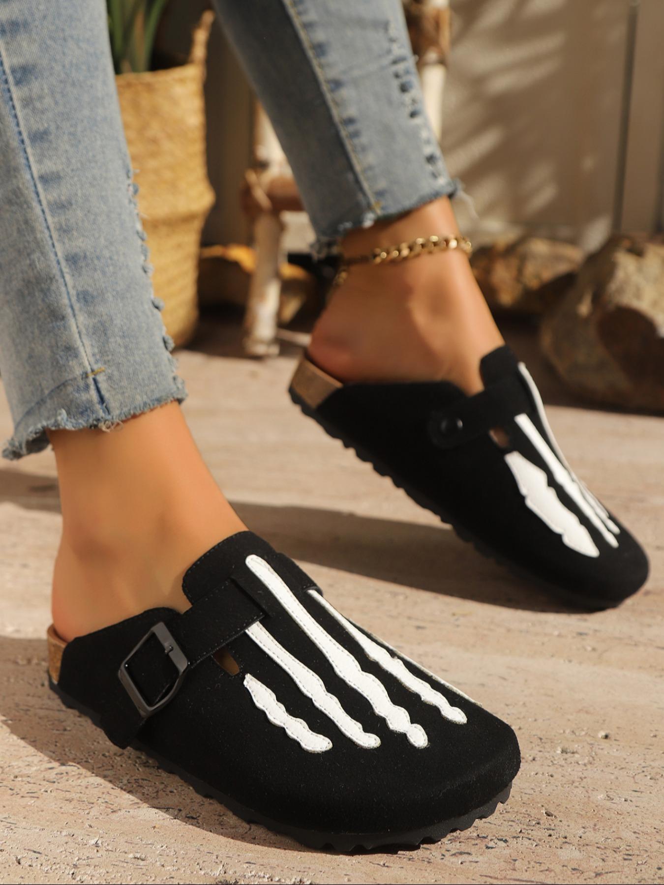 Women's Skull Print Half Slipper, Casual Comfortable Home Footwear ...