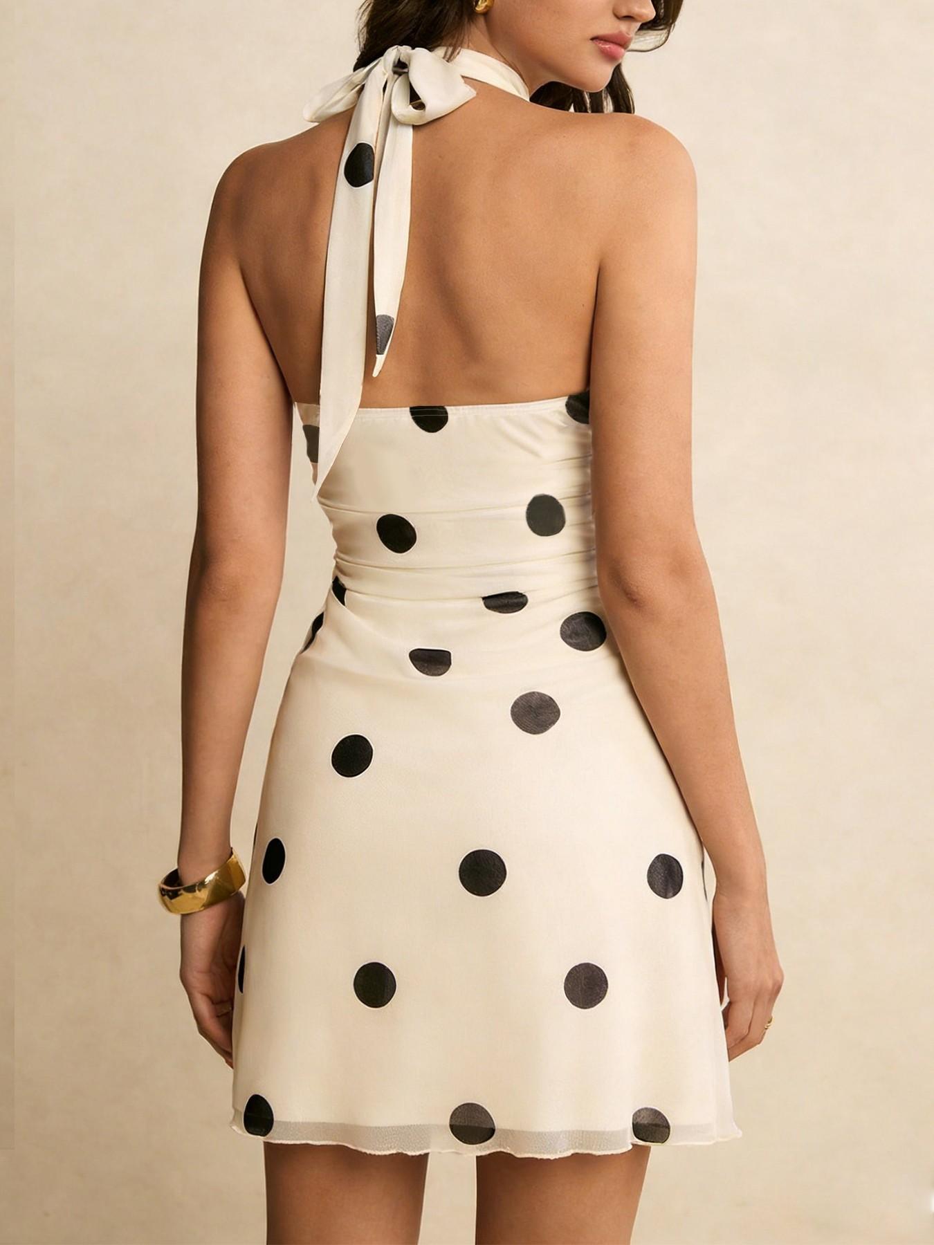 Polka Dot Halter Mini Dress, Boho Style Bohemian Sleeveless Backless ...