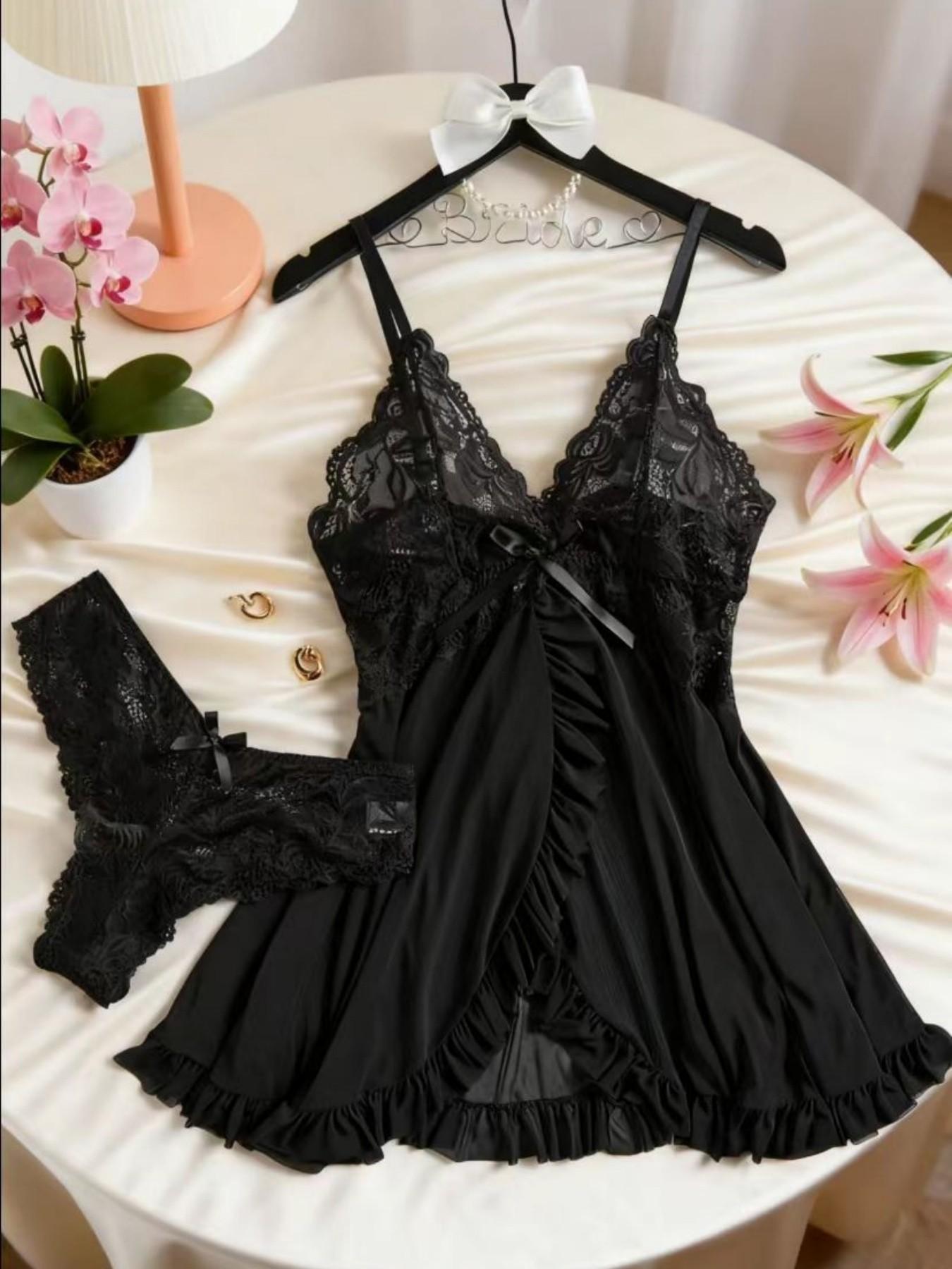1 Set Women's Floral Lace Ruffle Nightdress Set, Ladies Sheer Mesh ...