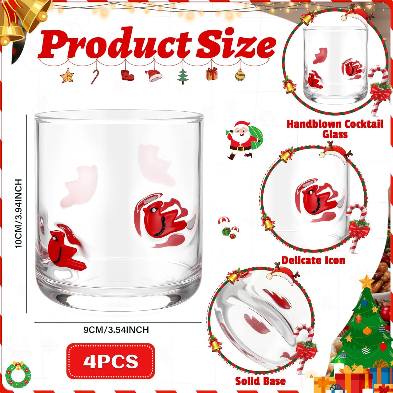 4 count Bird Icon Glass Cups 14 oz Red Bird Stemless Drinking Juice ...