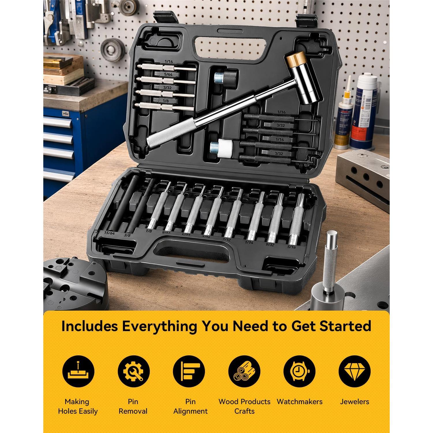 25- Punch Set, Pin Punches, Roll Pin Punch, Tool with Hammer, Metal ...