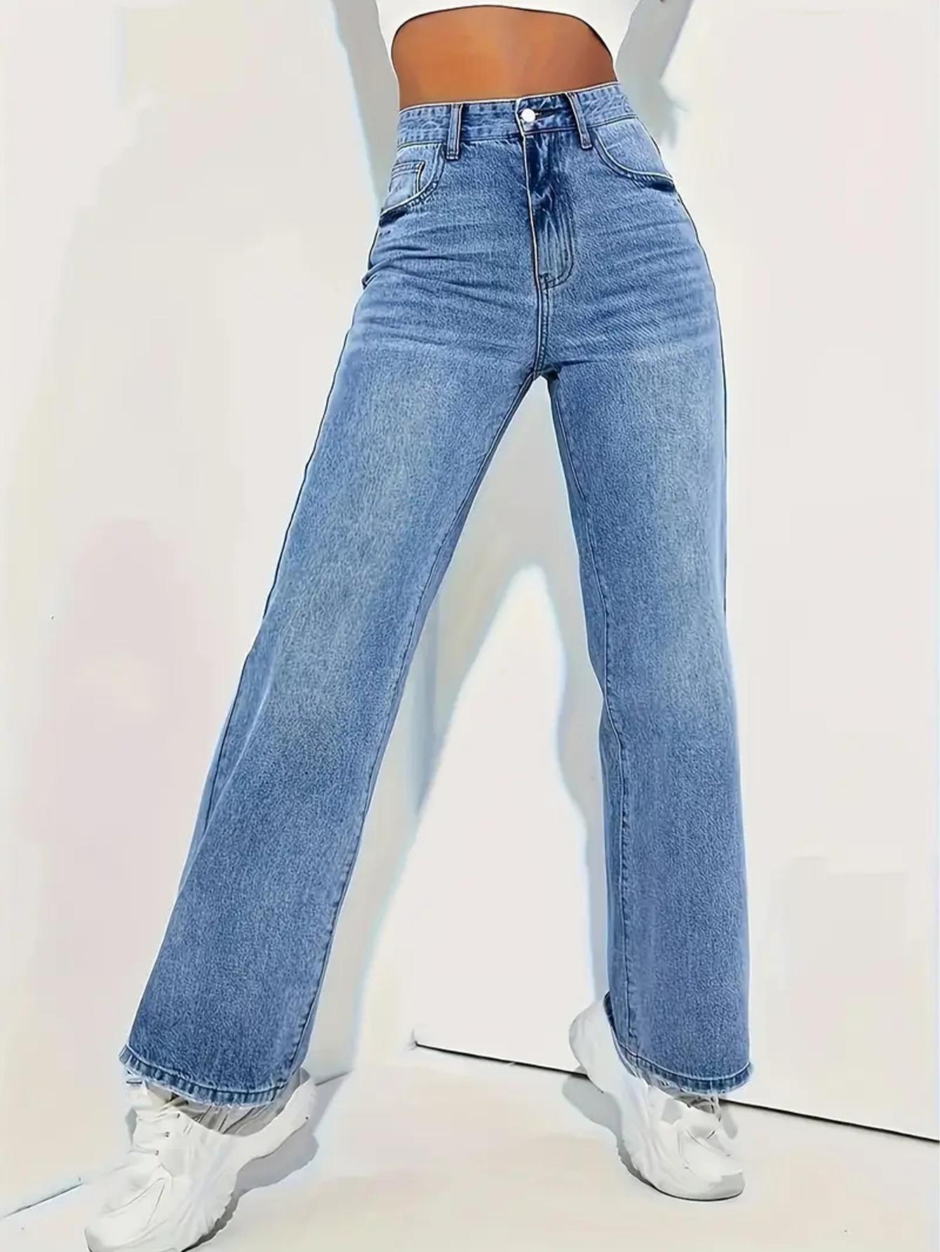 Women's Light Blue Denim Jeans, Elastic Waist, Loose Fit, Straight Leg ...