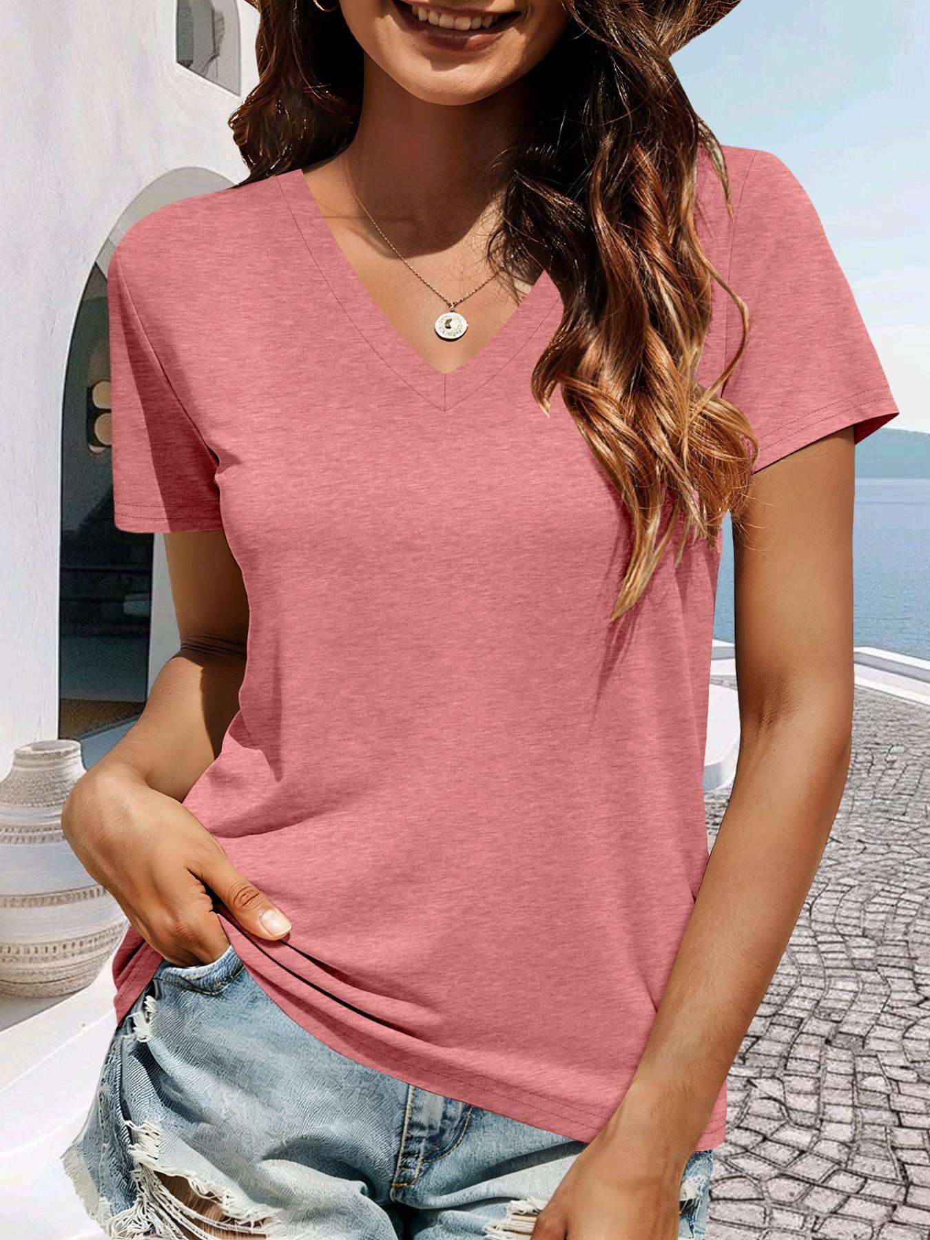 Women's V-Neck Short Sleeve T-Shirt 3-Piece Set, Casual Fitted Solid ...