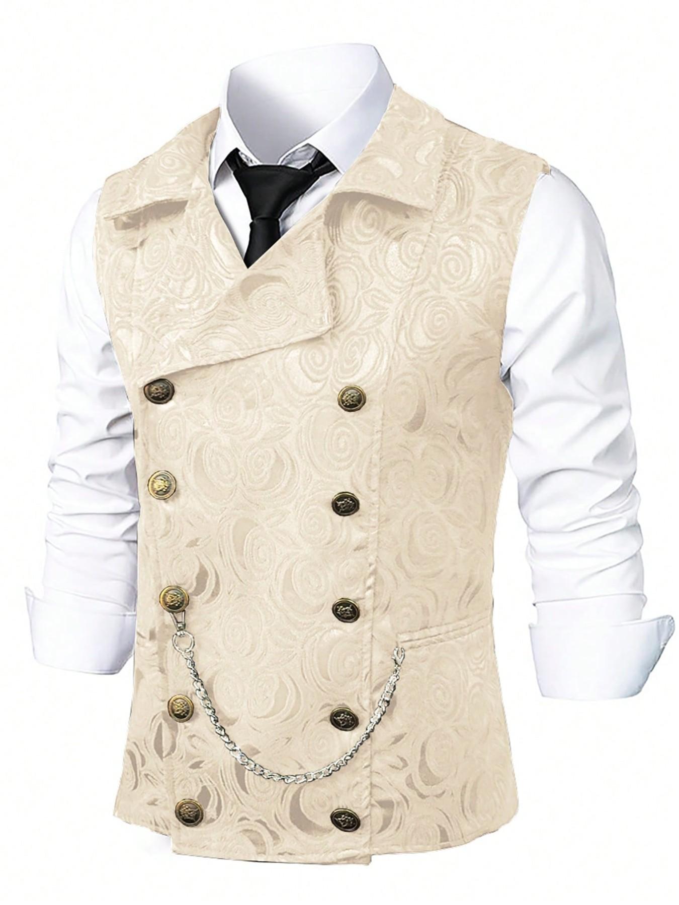 Men's Solid Color Double Breasted Suit Vest with Chains, Regular Fit ...