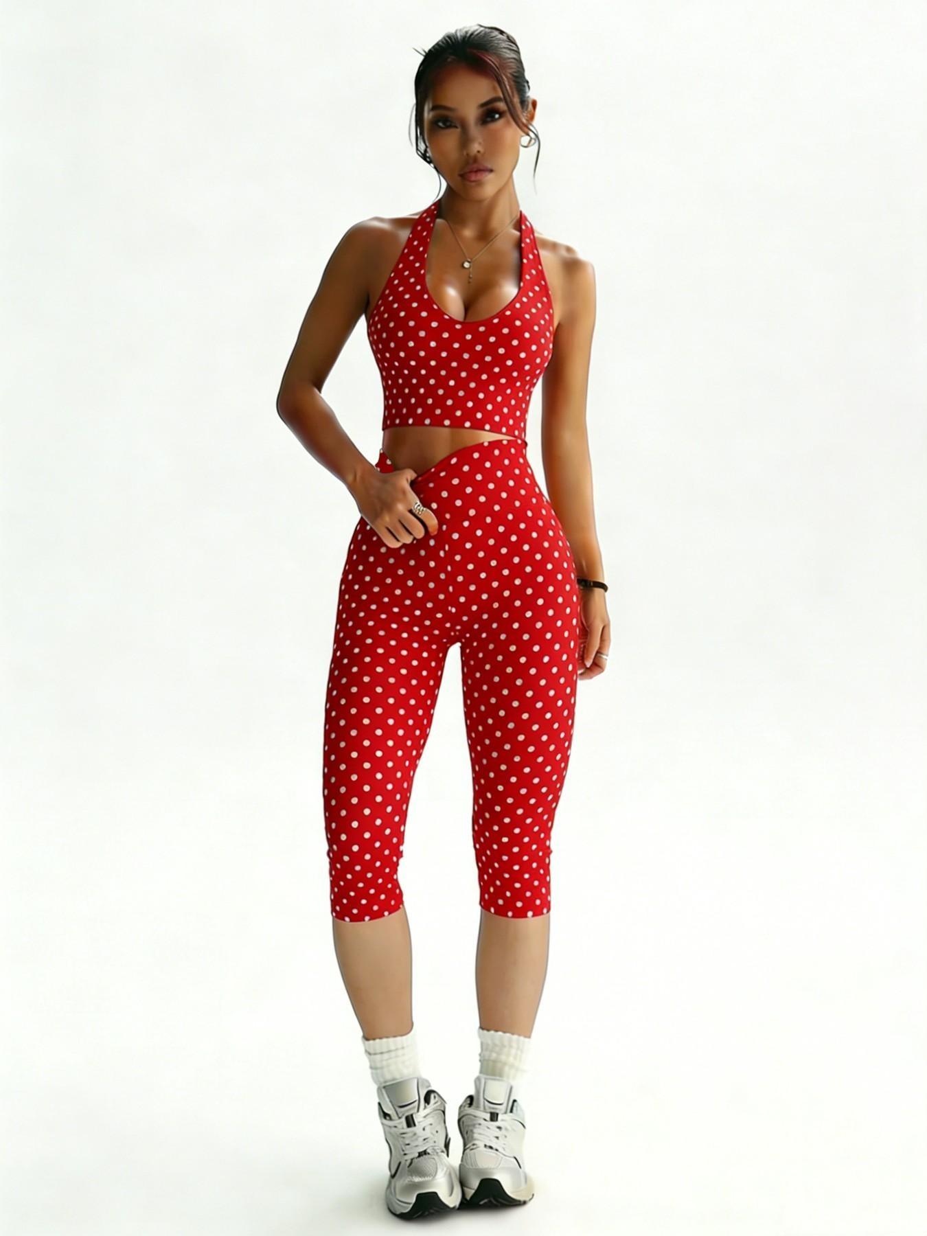 Women's Retro Polka Dot Sporty Set, High Waist Seven-Quarter Pants ...