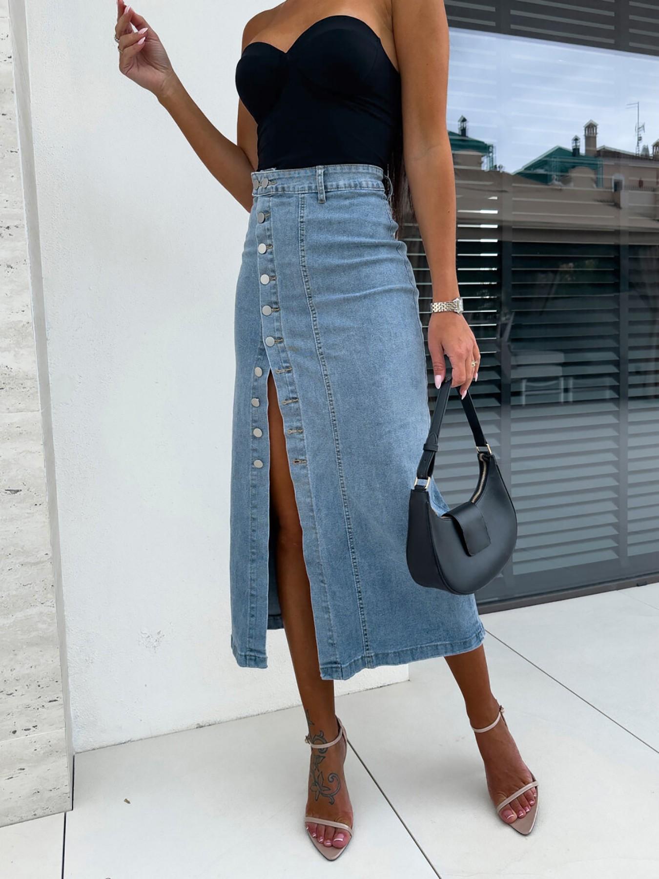 Women's High-Waisted Split Light Wash Denim Midi Skirt, Fitted Straight ...