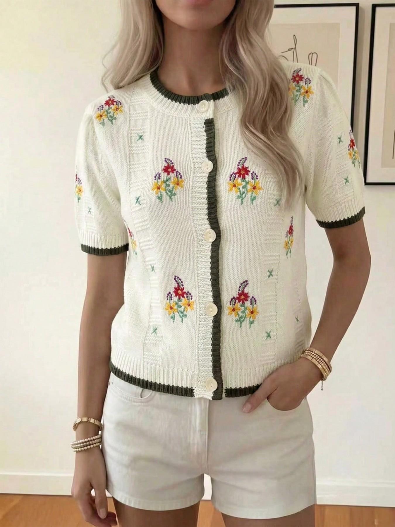 Women's Round Neck Colorblock Button Front Floral Embroidery Summer ...