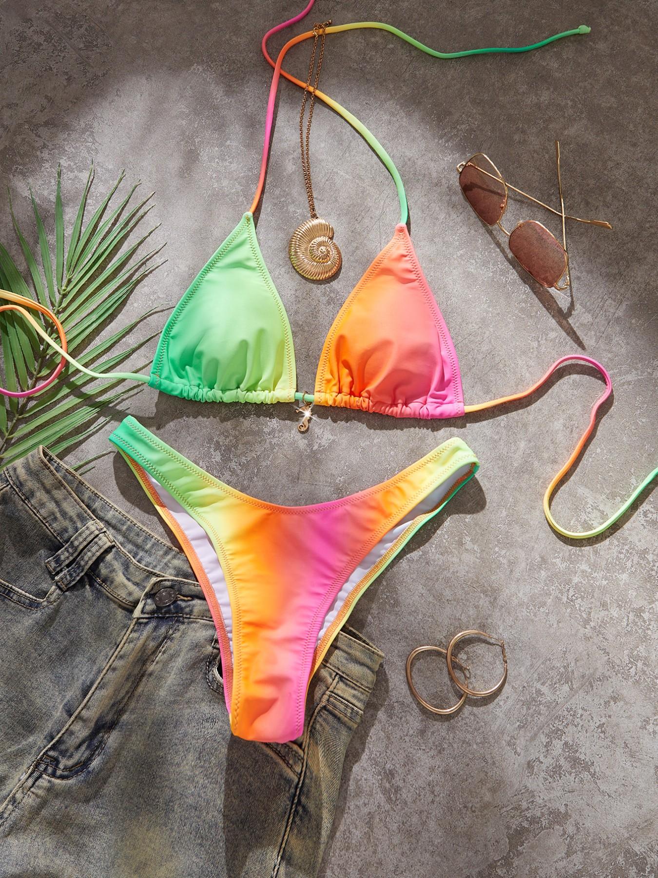 Ladies swimsuit; sexy fashion; multi-color gradient two-piece swimwear ...