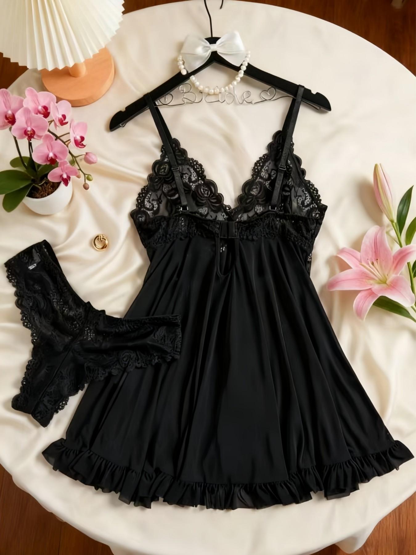 1 Set Women's Floral Lace Ruffle Nightdress Set, Ladies Sheer Mesh ...