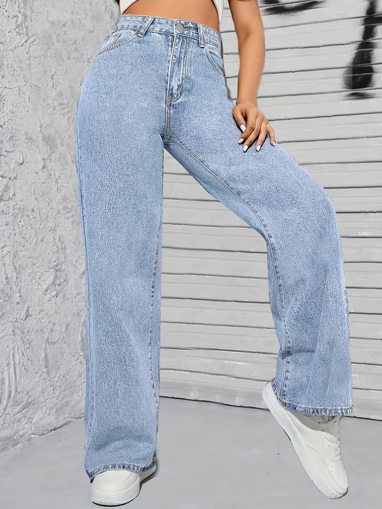 Women's Light Blue Denim Long Pants, Non-Elastic Casual Loose Fit ...