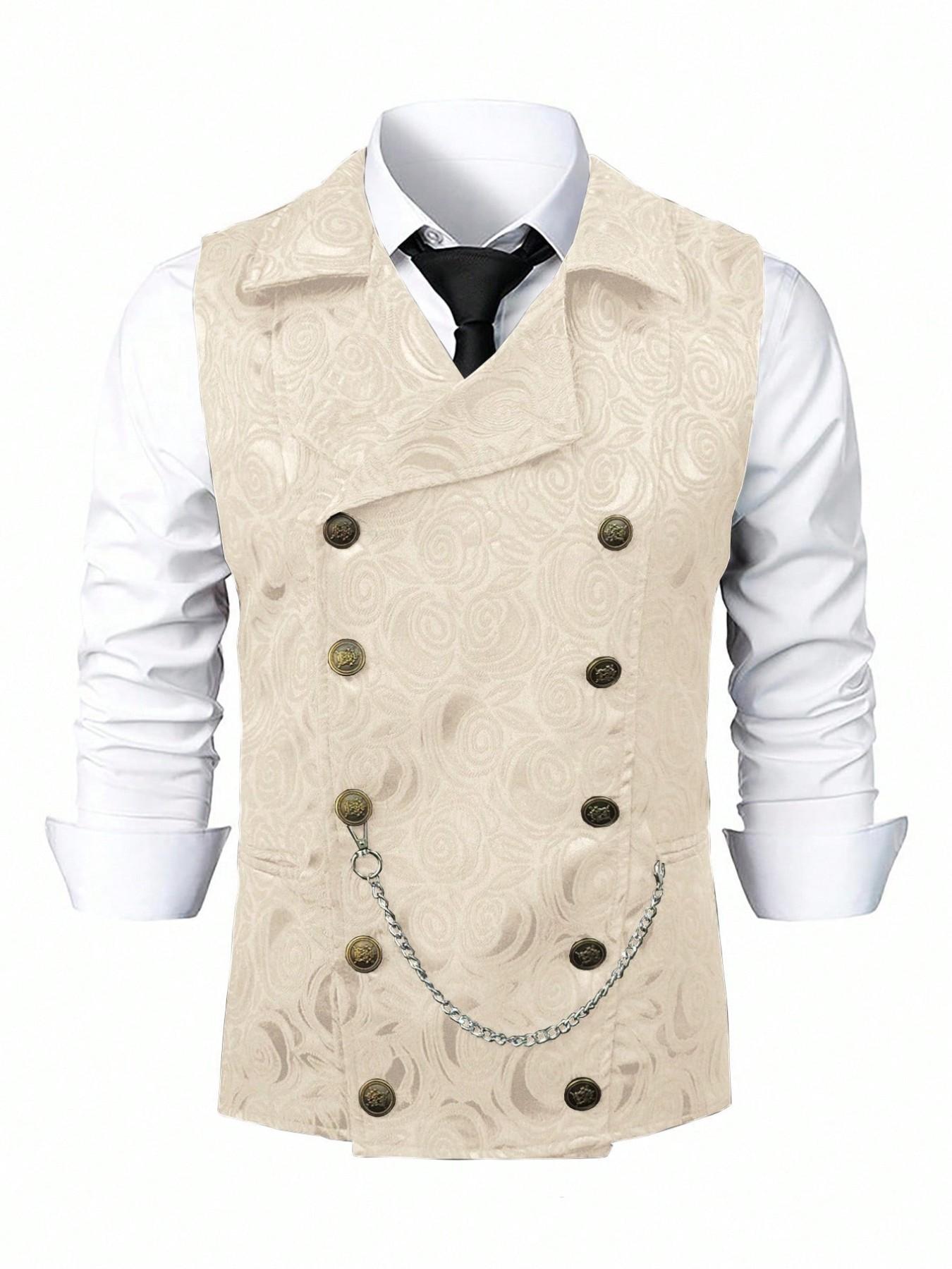 Men's Solid Color Double Breasted Suit Vest with Chains, Regular Fit ...