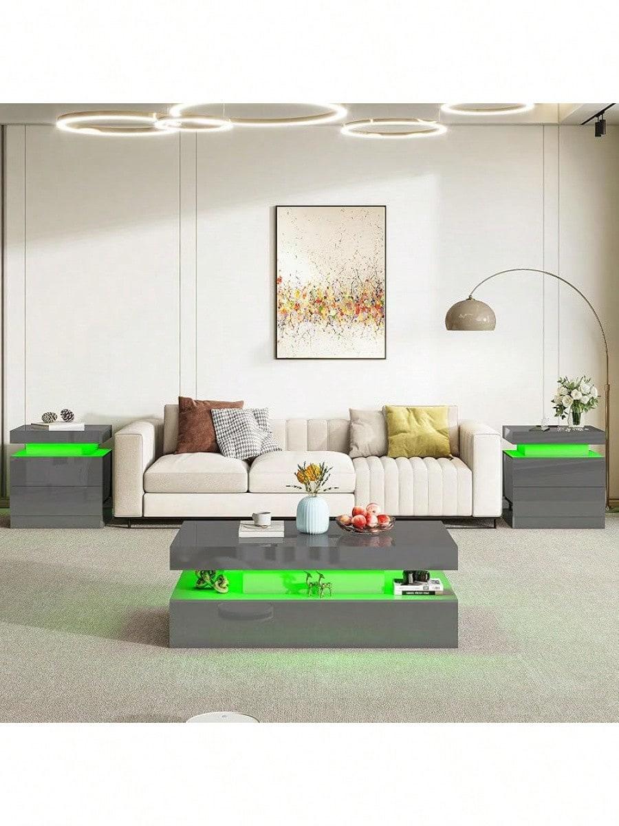High Gloss LED Nightstands Set of 2 with USB Type-C Charging Station ...