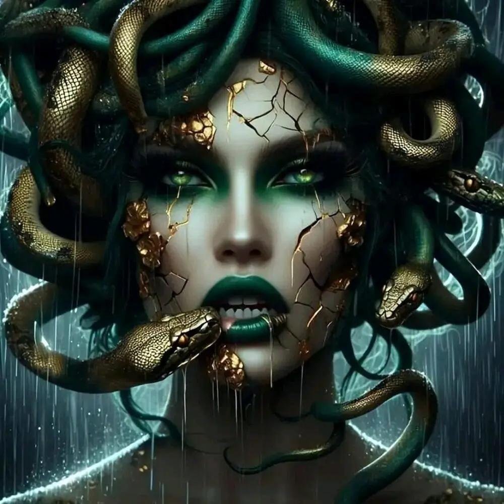 Gothic Medusa with Gold Cracked Skin & Snakes 5D Full Drill Diamond ...