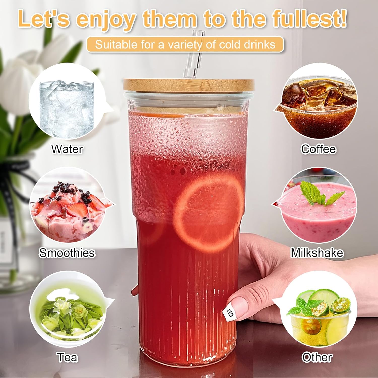 32oz Ribbed Glassware Large Cup, Glass Cups With And Straws,Iced Coffee ...