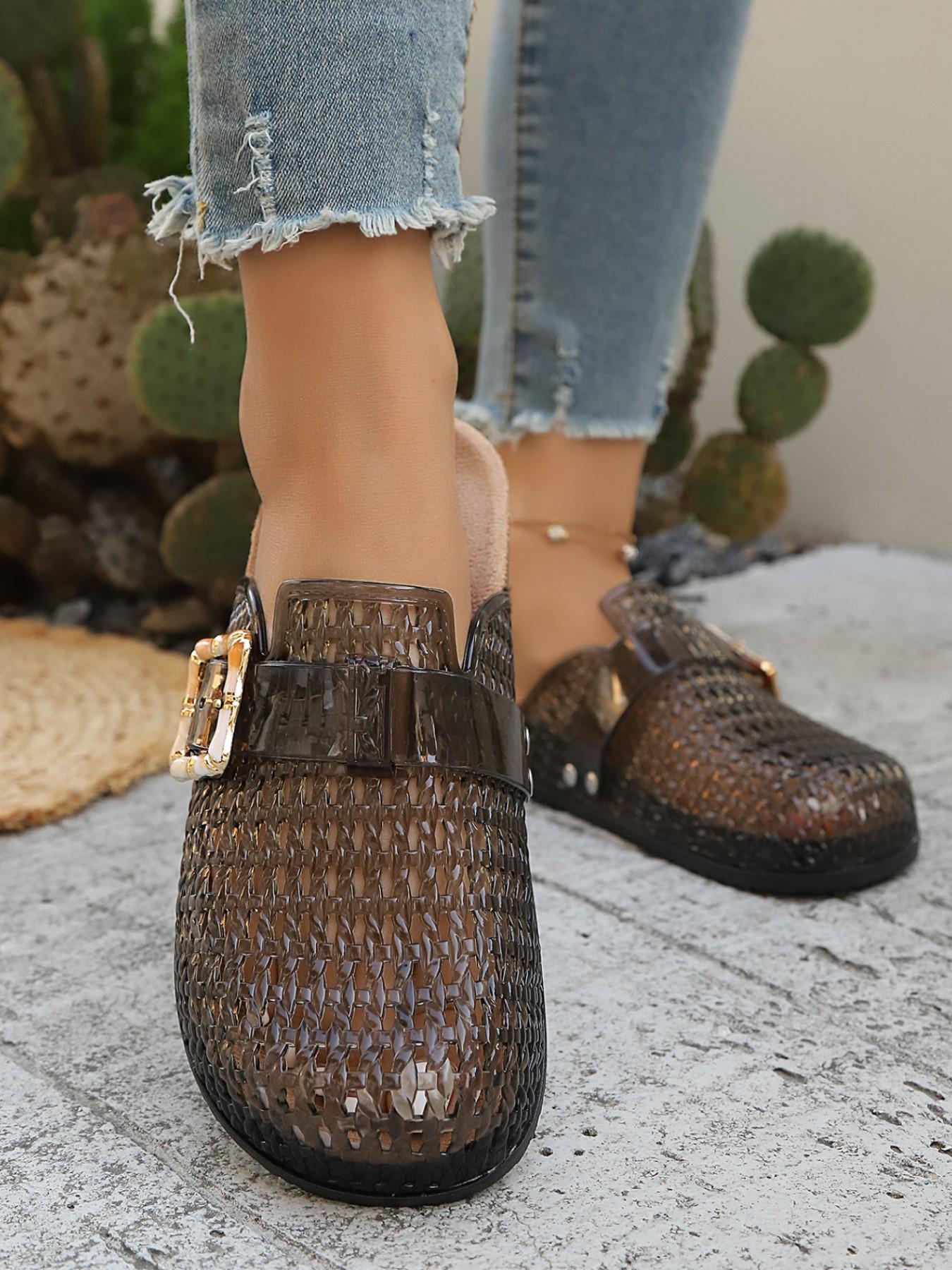Women's Transparent Jelly Half Slipper, Metal Buckle Design, Thin Upper ...