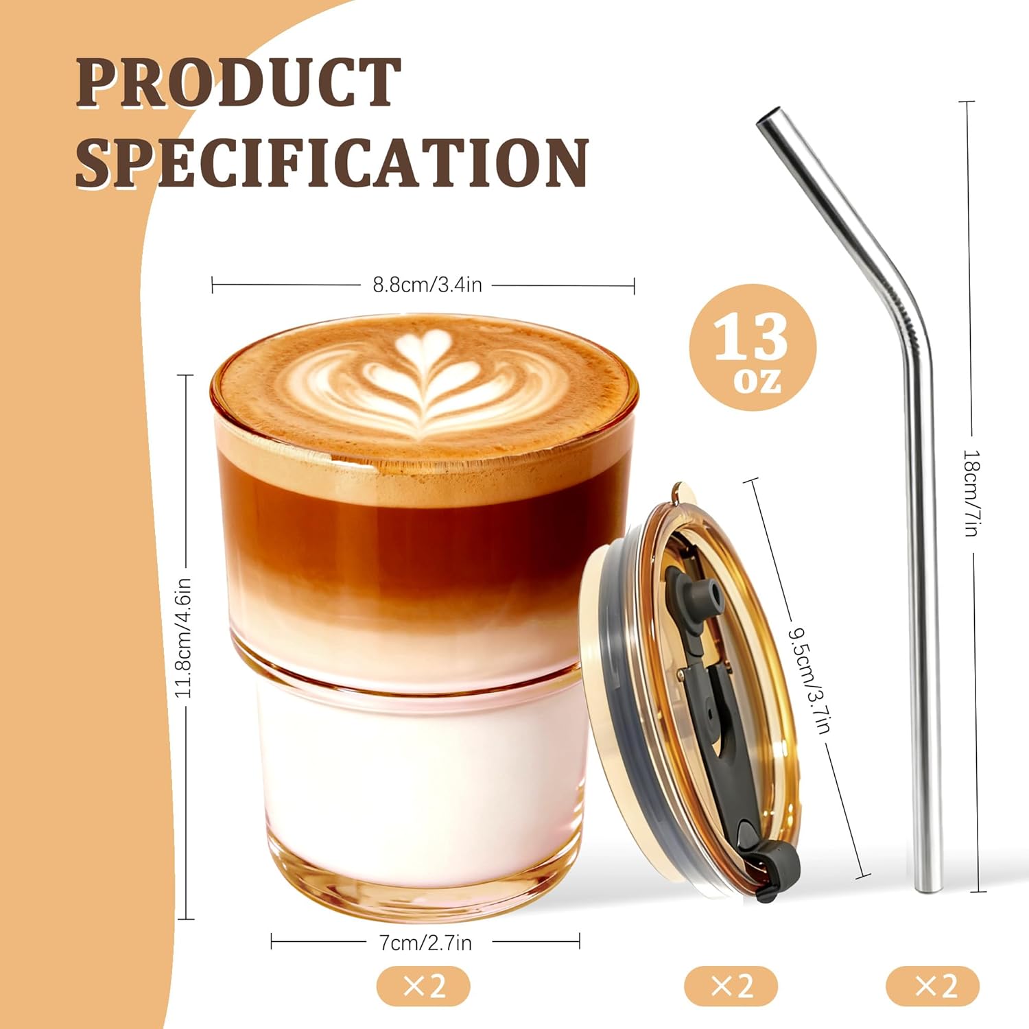 2 Packs Glass Tumbler with Lid and Straw 13 oz Cute Ice Coffee Cup Set ...