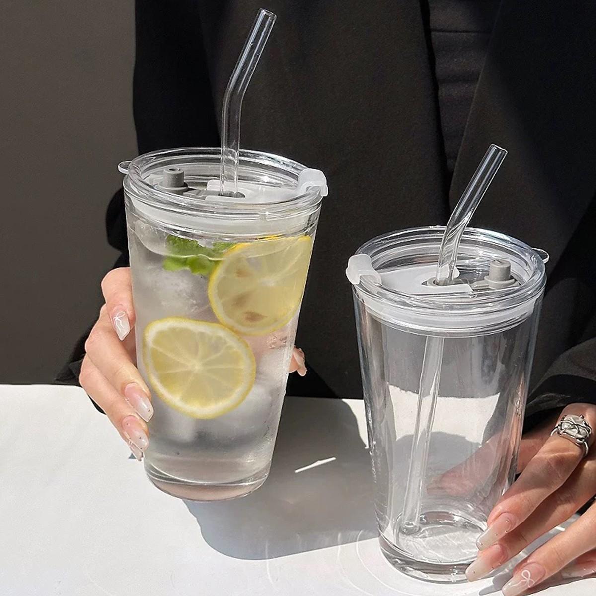 4 Pack Glass Cups with Lids and Straws, 16oz Reusable Iced Coffee Cups ...