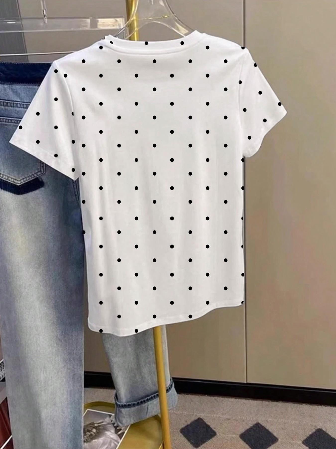 Women's Casual Polka Dot Loose Fit Daily Wear Cute Aesthetic Round Neck ...