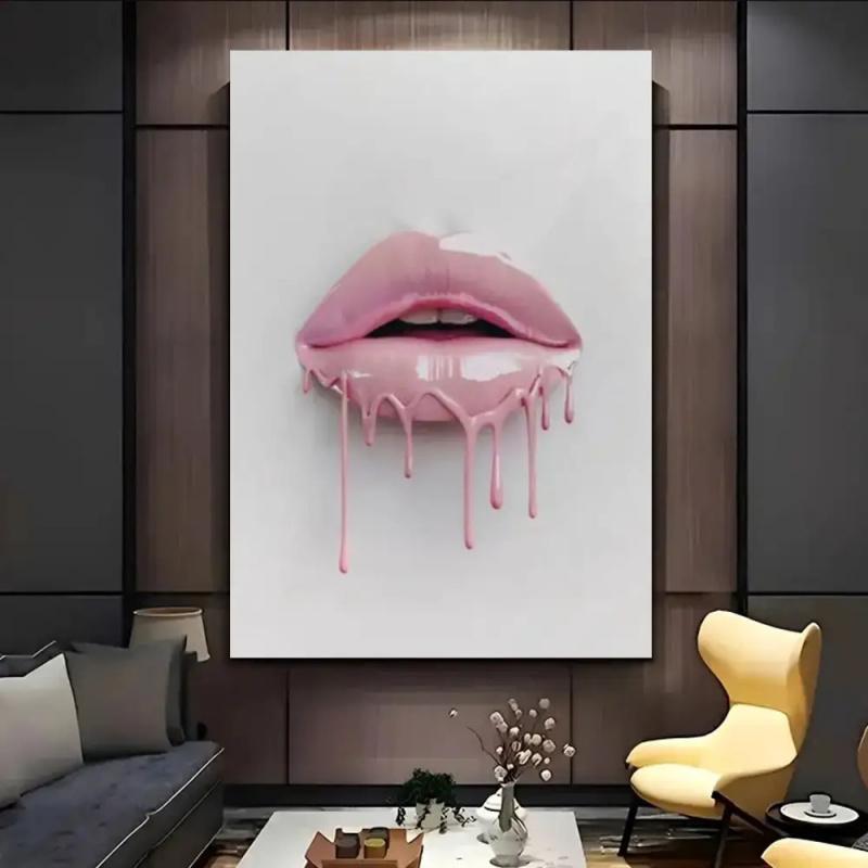 1 Piece Framed Canvas Wall Art - Modern Minimalist Pink Lip Print Oil ...