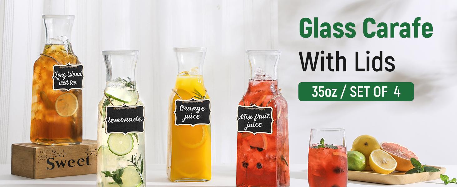 Set of 4 Square Glass Carafe with Lid, 1 Liter Clear Glass Pitcher ...