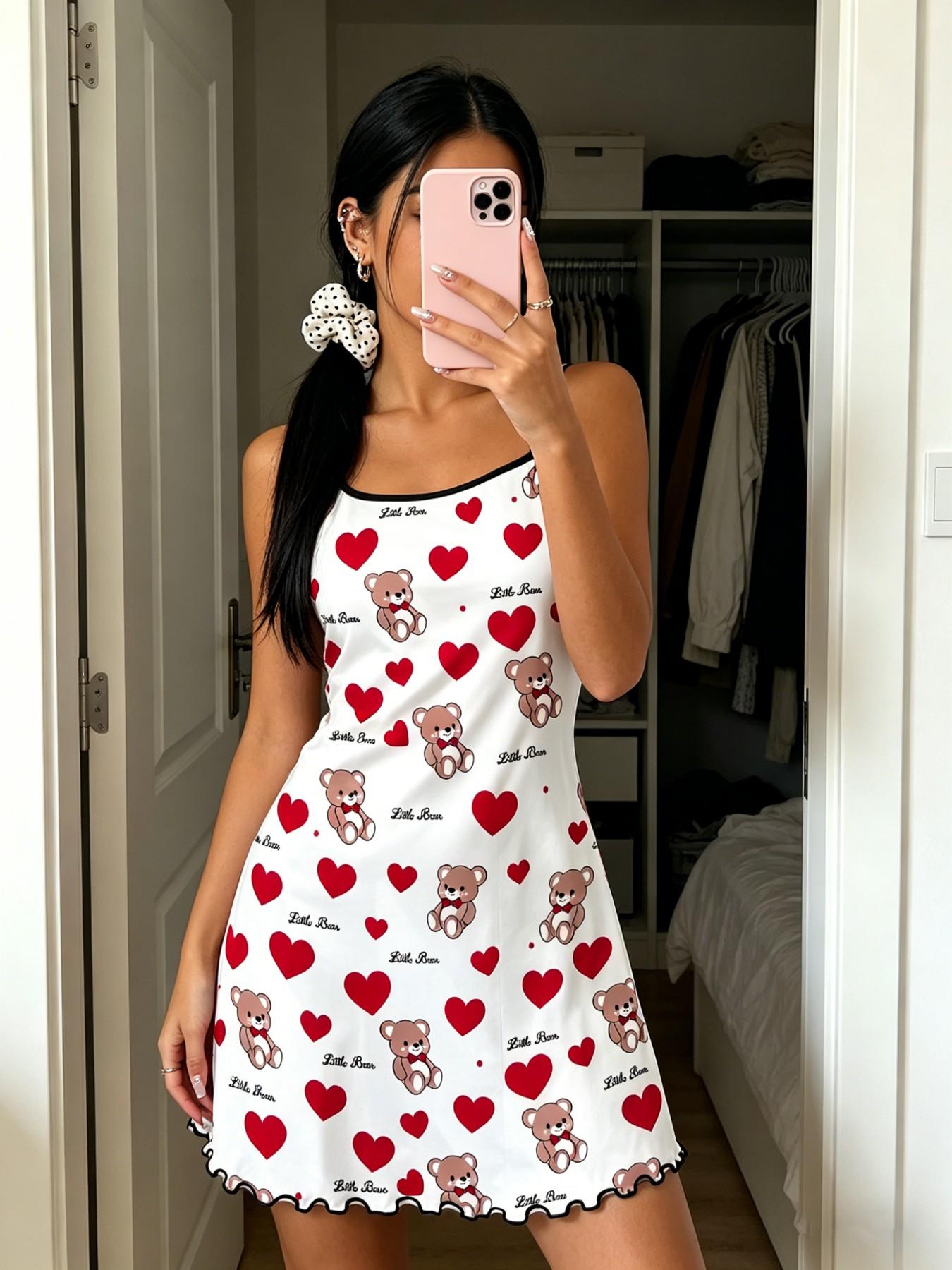 4-Pack Women's Strapless Nightdresses, Cute Cartoon Bear All-Over Print ...