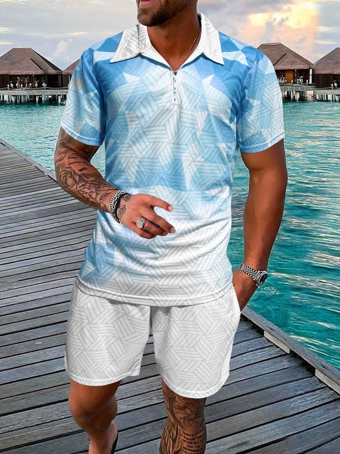 Men's Blue Gradient Geometric Print 2-Piece Casual Outdoor Set - Short ...