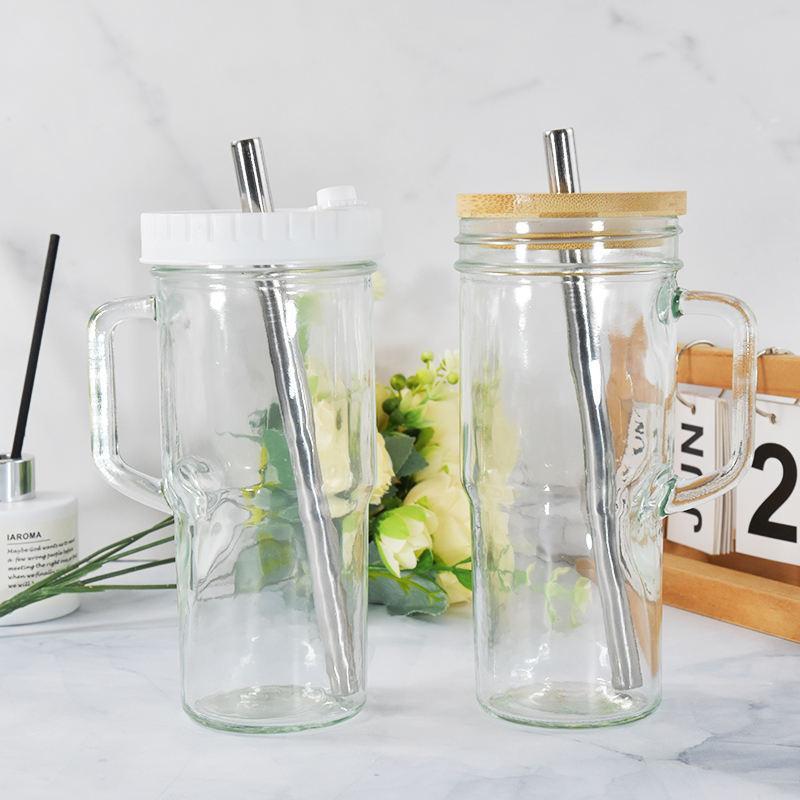 Nifogo Glass Cups with Bamboo Lids and Straws,24oz Glass Tumbler with ...