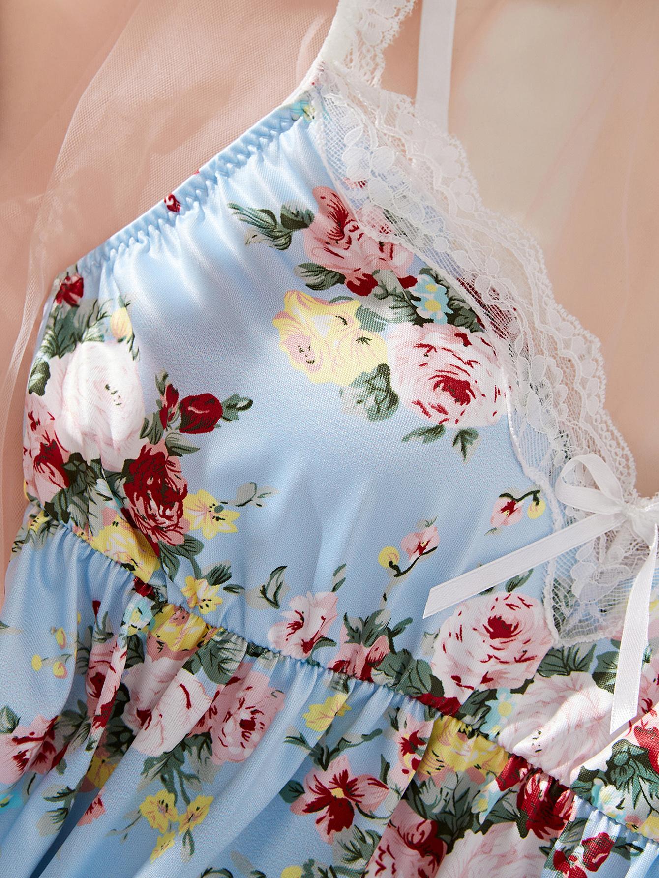 Women Sexy Lace Trim Lingerie Floral Print Chemise Nightgown Full Slip ...